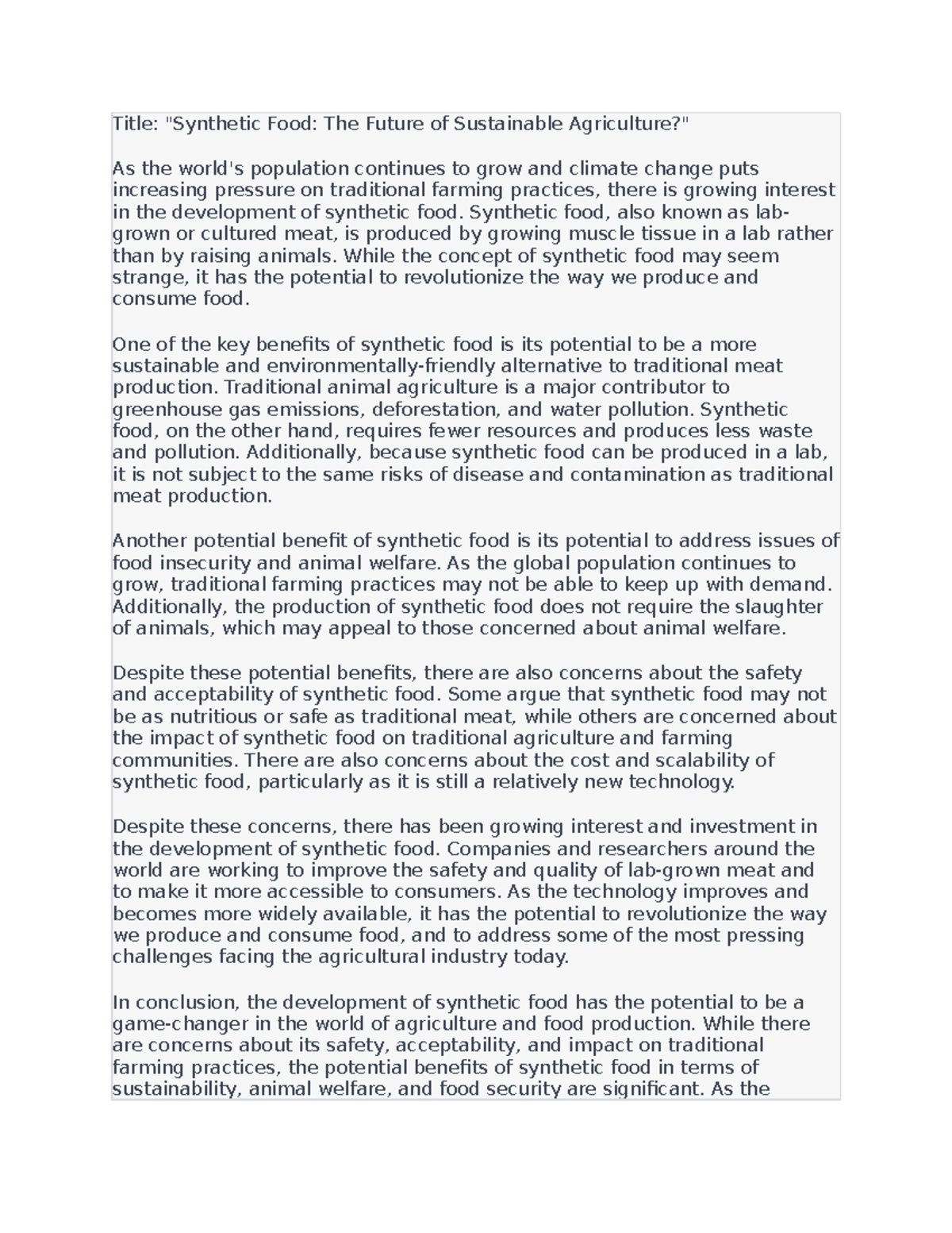 Synthetic Food - The Future of Sustainable Agriculture - Title ...