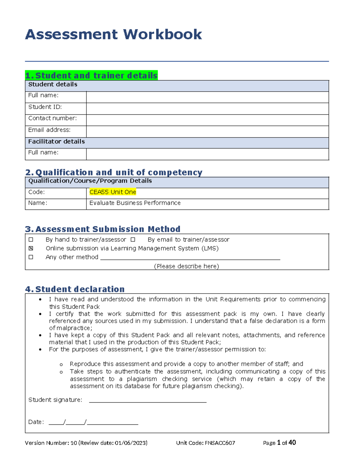Unit One Assessment Booklet - Assessment Workbook 1. Student and ...