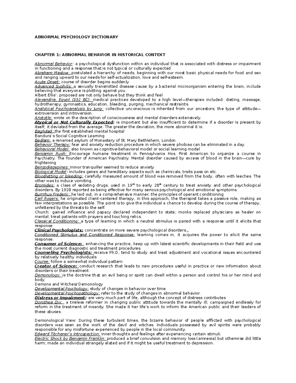 Abnormal Psychology Dictionary - ABNORMAL PSYCHOLOGY DICTIONARY CHAPTER ...
