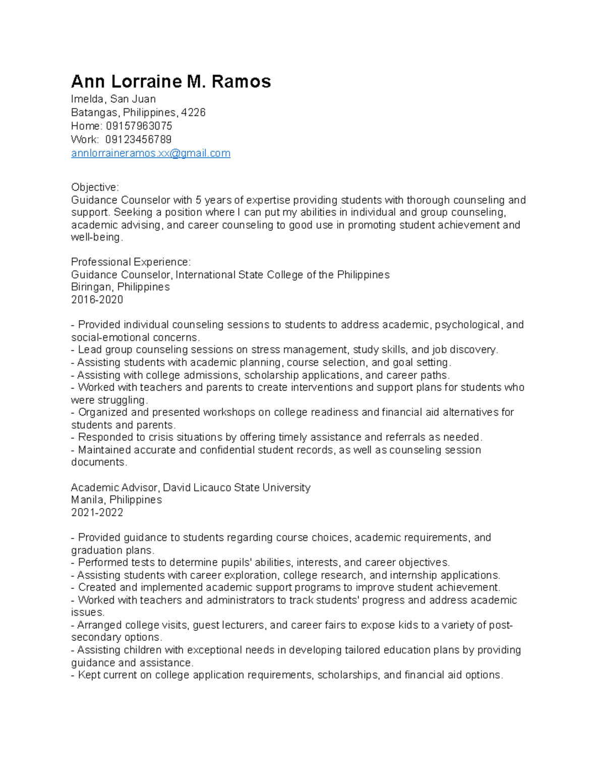 Resume - work - Ann Lorraine M. Ramos Imelda, San Juan Batangas ...