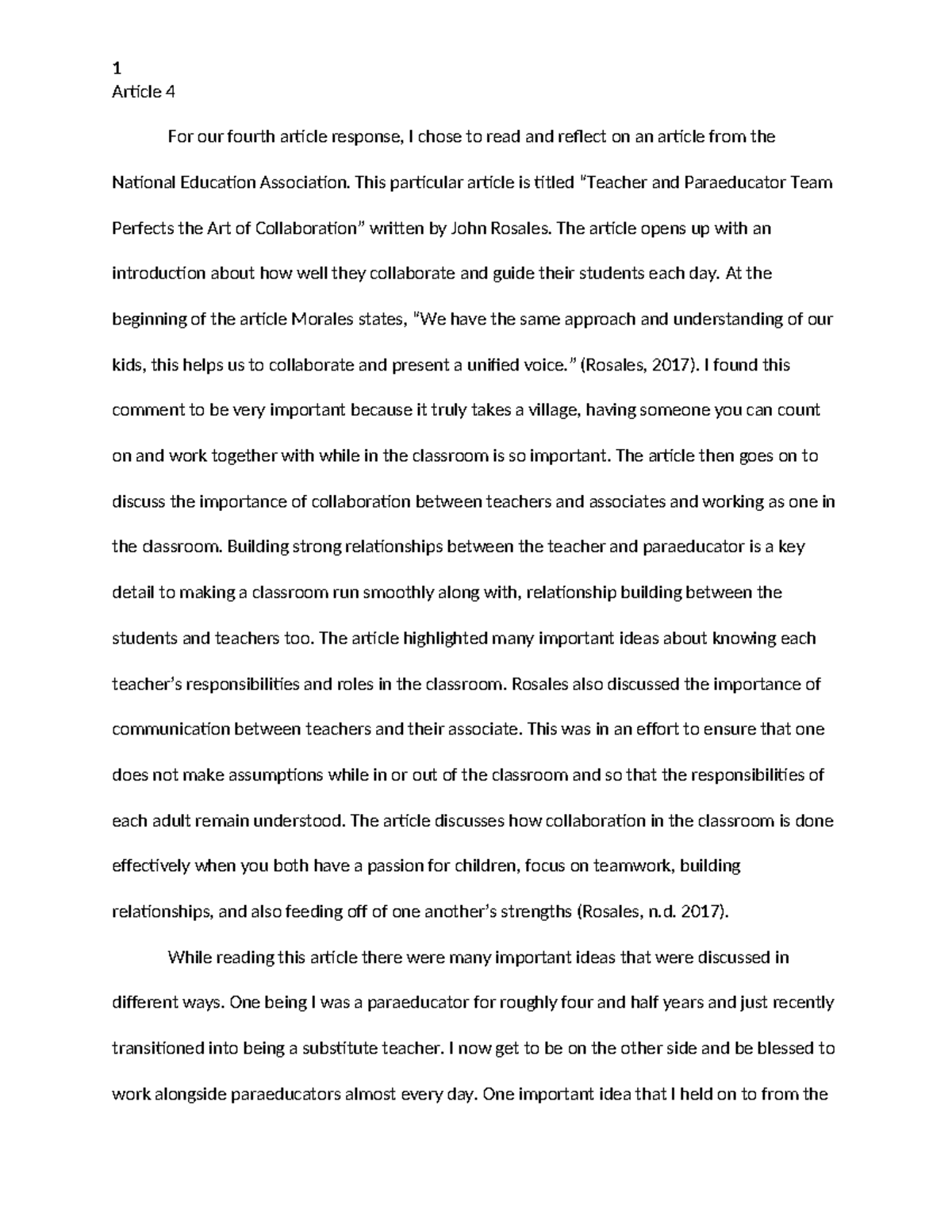 Article response 4 - Autobiography choice - Article 4 For our fourth ...