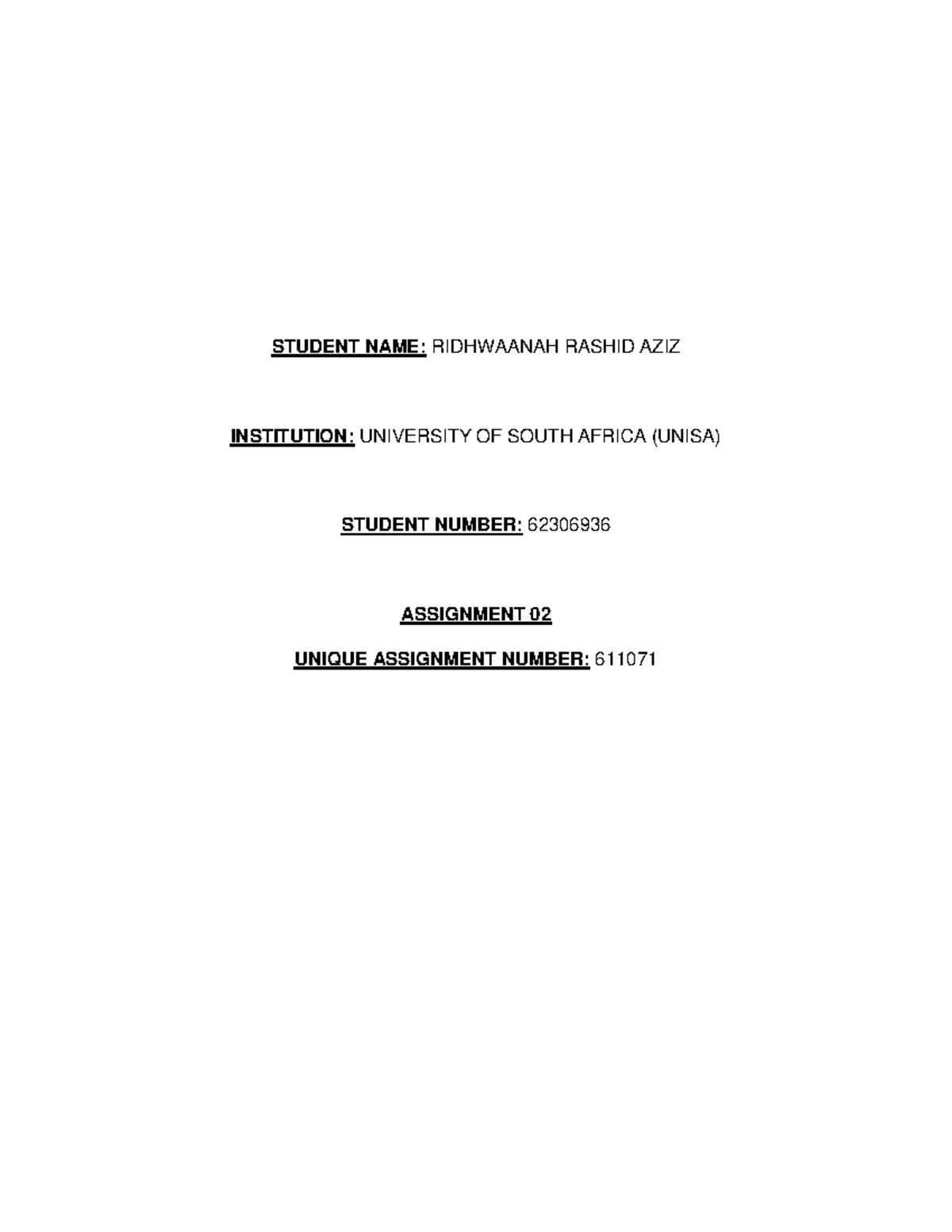 View Marked Assignment 4 - STUDENT NAME: RIDHWAANAH RASHID AZIZ ...