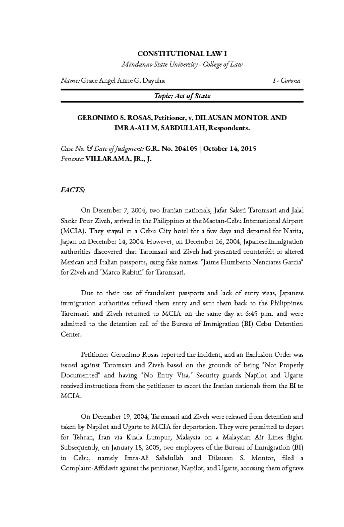1. Rosas vs. Montor by Dayuha - CONSTITUTIONAL LAW I Mindanao State ...