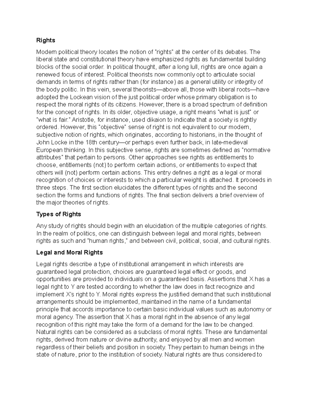 Rights - Rights Modern political theory locates the notion of “rights ...