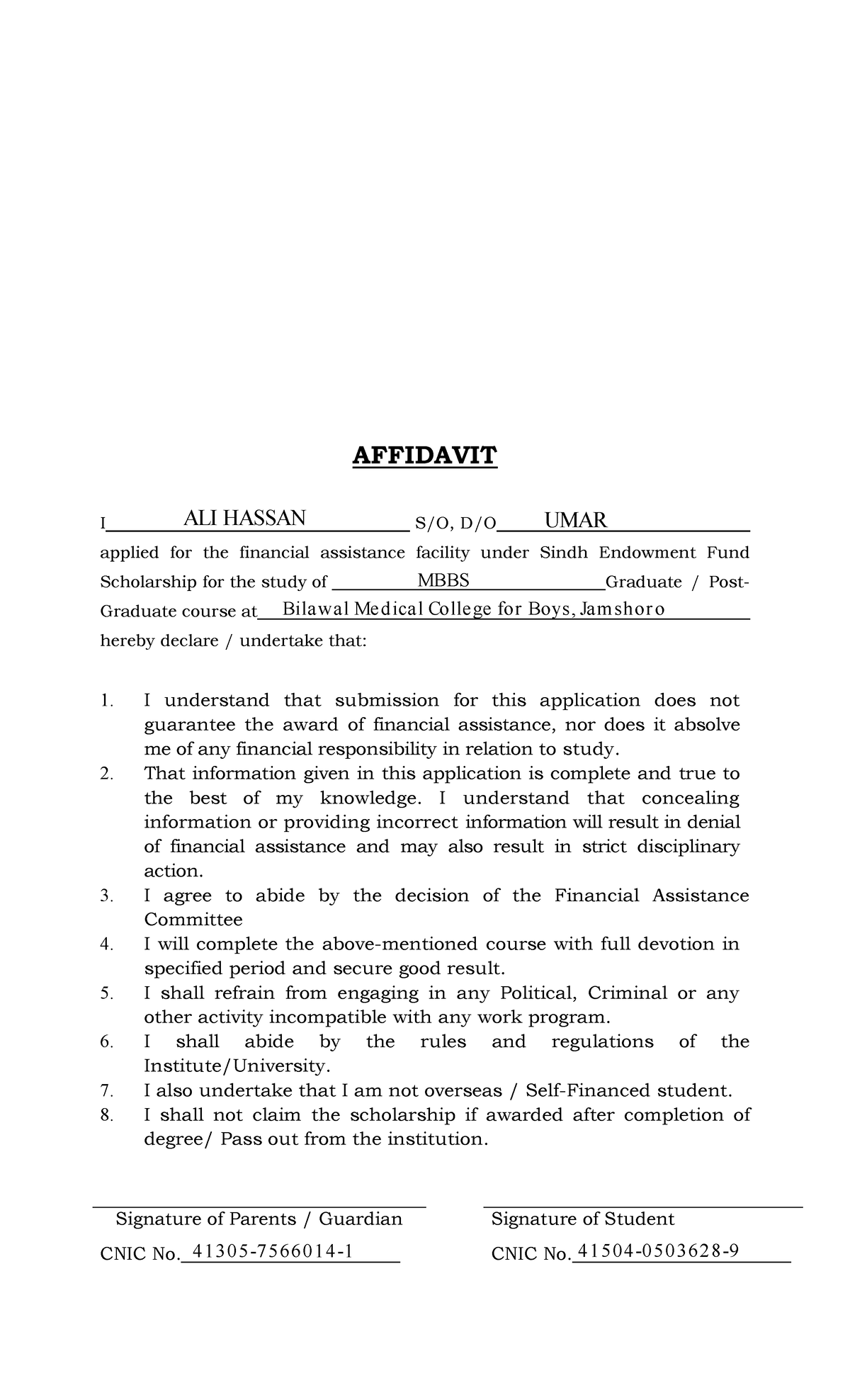 Affidavit Sample - AFFIDAVIT I S/O, D/O applied for the financial ...