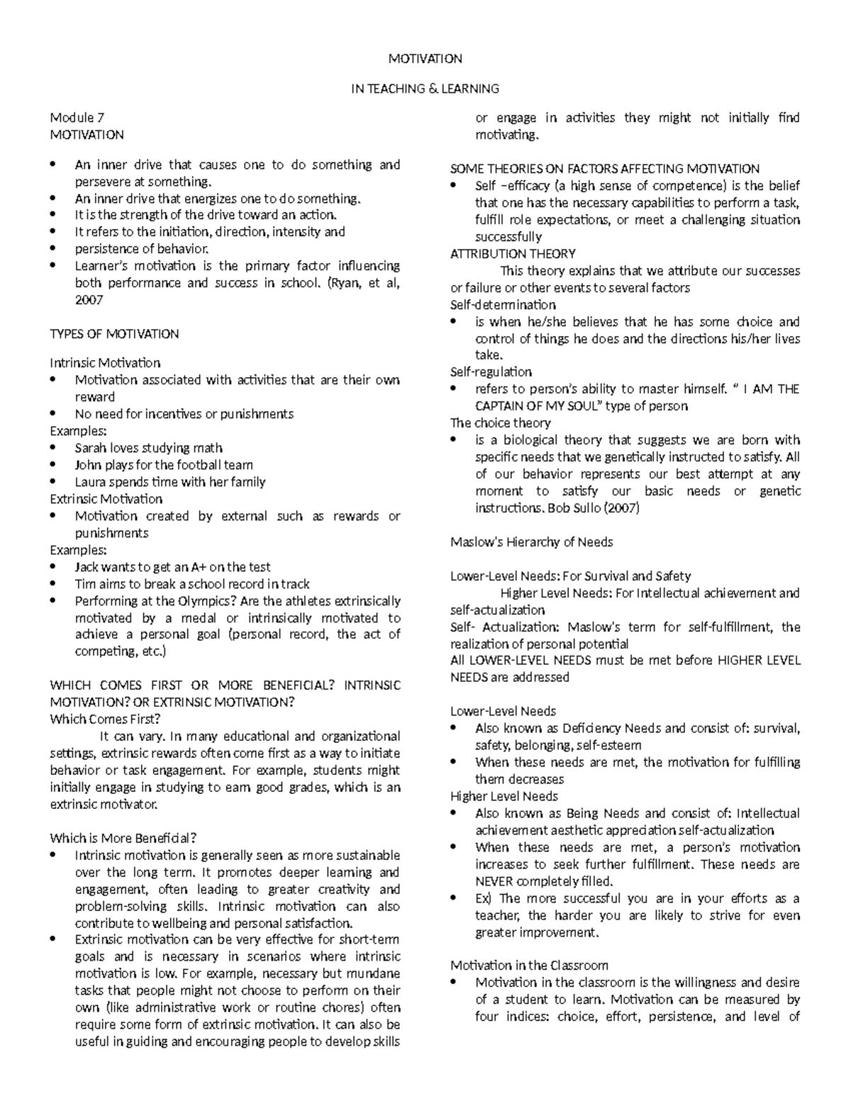 Prof ed final - MOTIVATION IN TEACHING & LEARNING Module 7 MOTIVATION ...