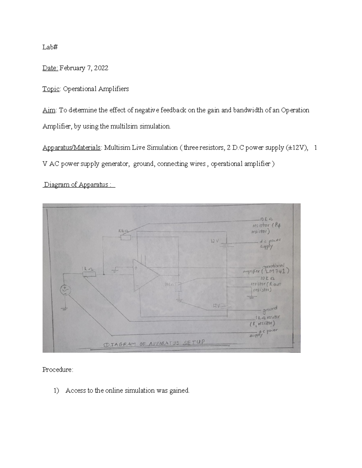 Op Amp Lab - Provides and Outlines experiment for the concept of Operational Amplifiers. - Lab ...
