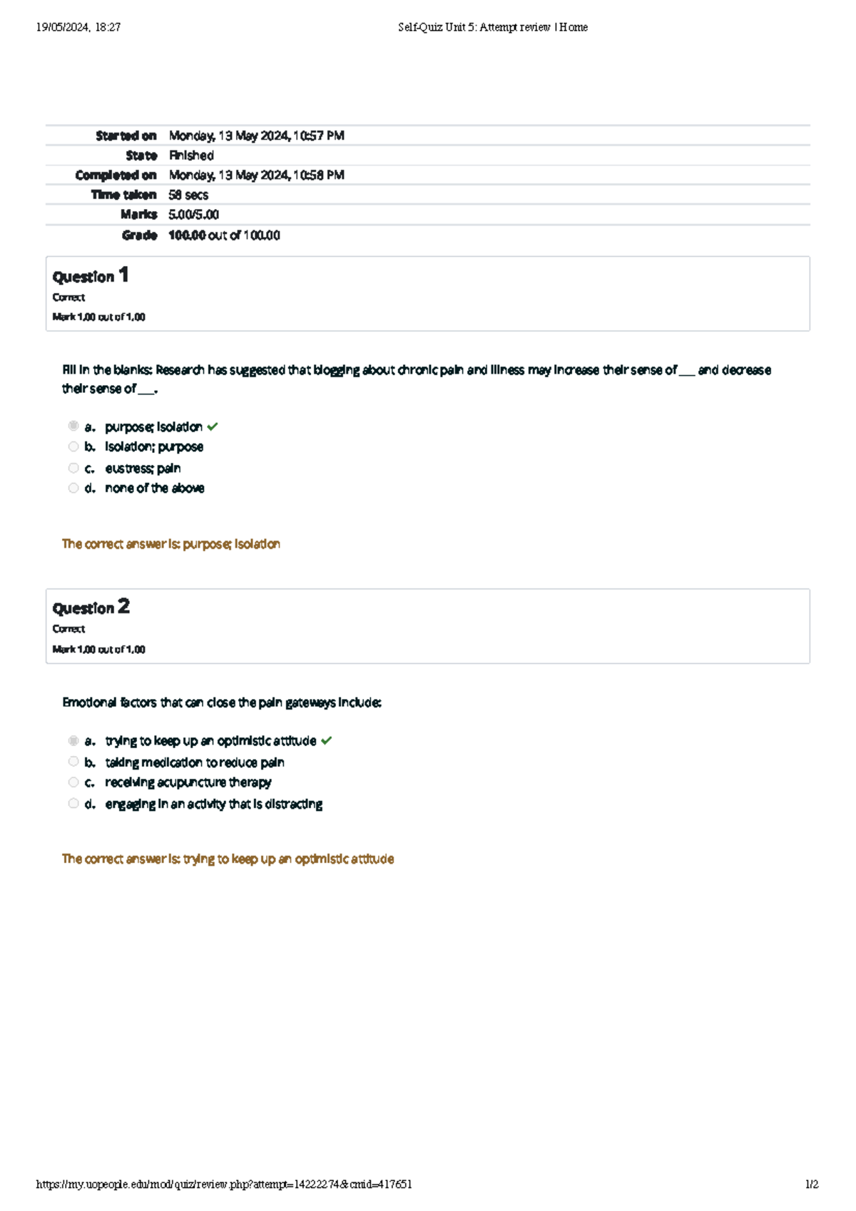 Self-Quiz Unit 5 Attempt 3 review Home - Started on Monday, 13 May 2024, 10:57 PM State Finished ...