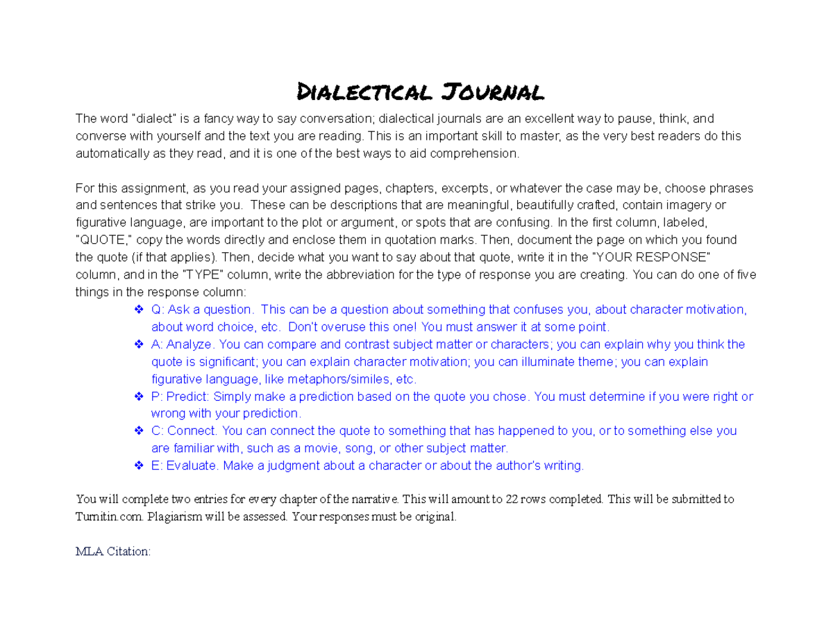Allen Lin - Dialectical Journal - Dialectical Journal The word “dialect ...