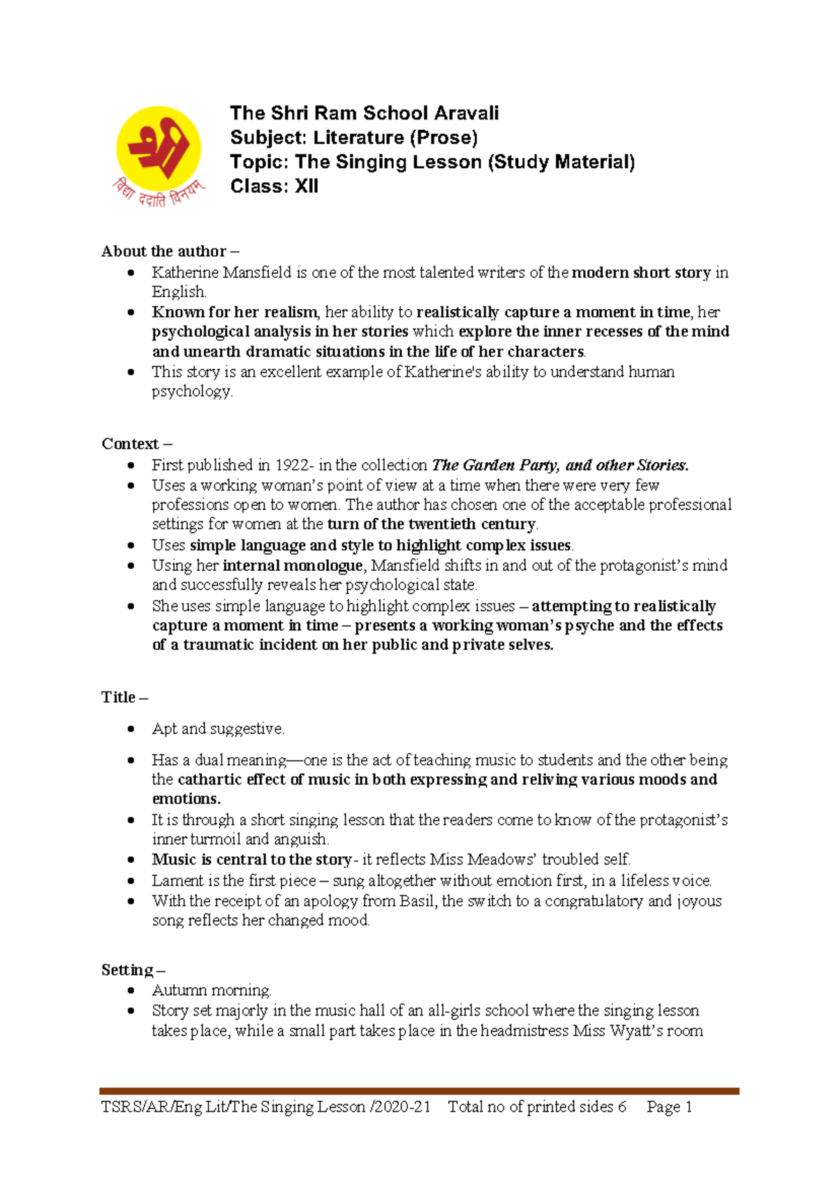 12-Eng Lit The Singing Lesson Handout - The Shri Ram School Aravali ...