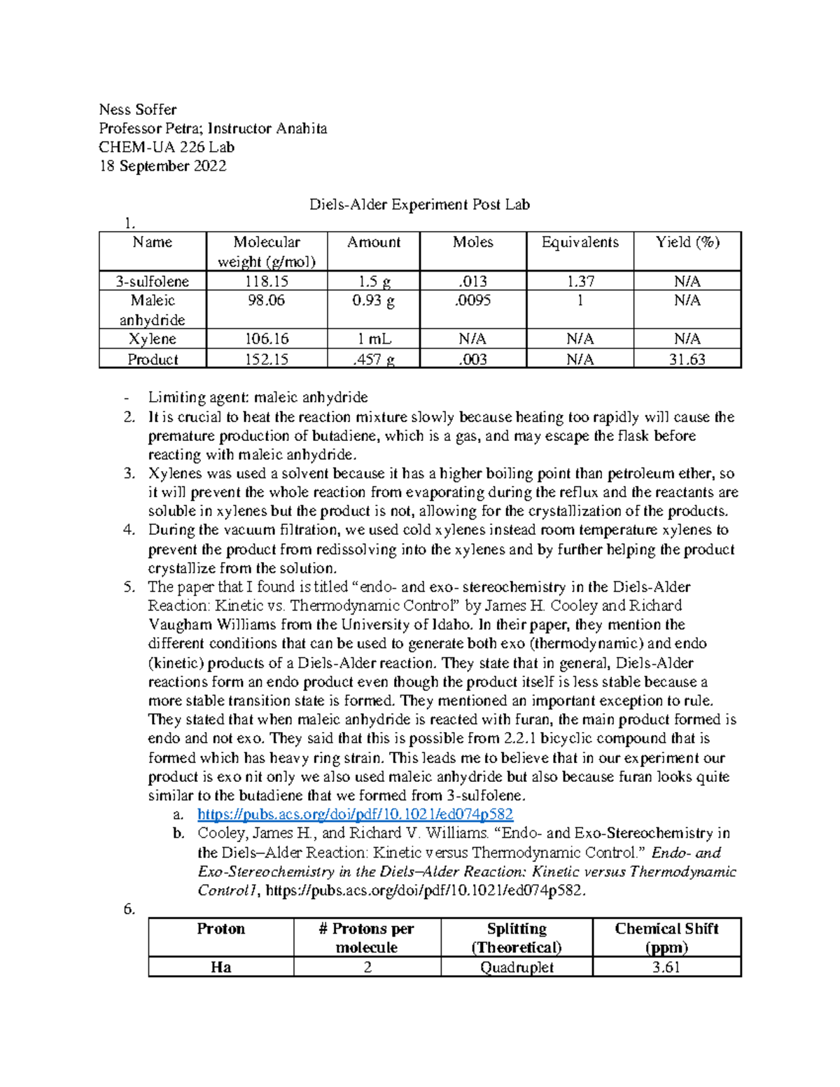 Diels-Alder Experiment Post Lab - Ness Soffer Professor Petra ...