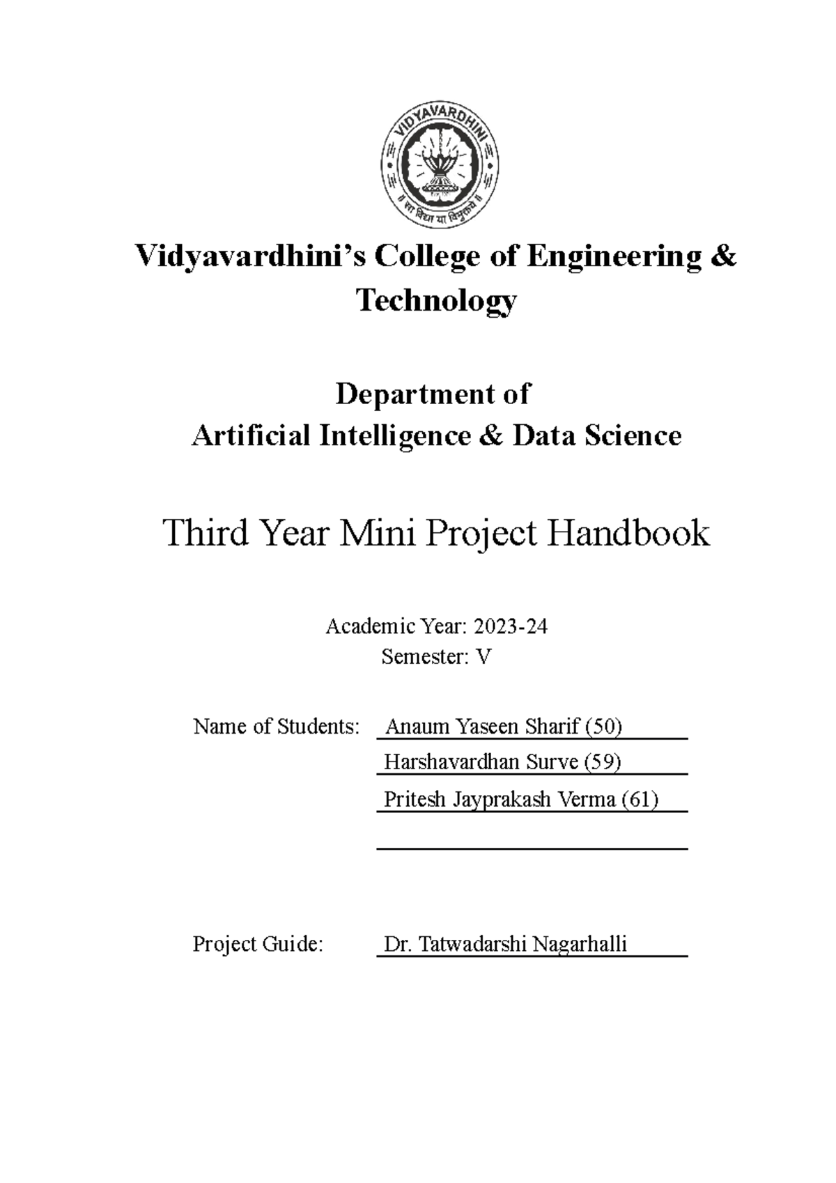Third Year Mini Project Handbook V 2023-24 - Vidyavardhini’s College of ...
