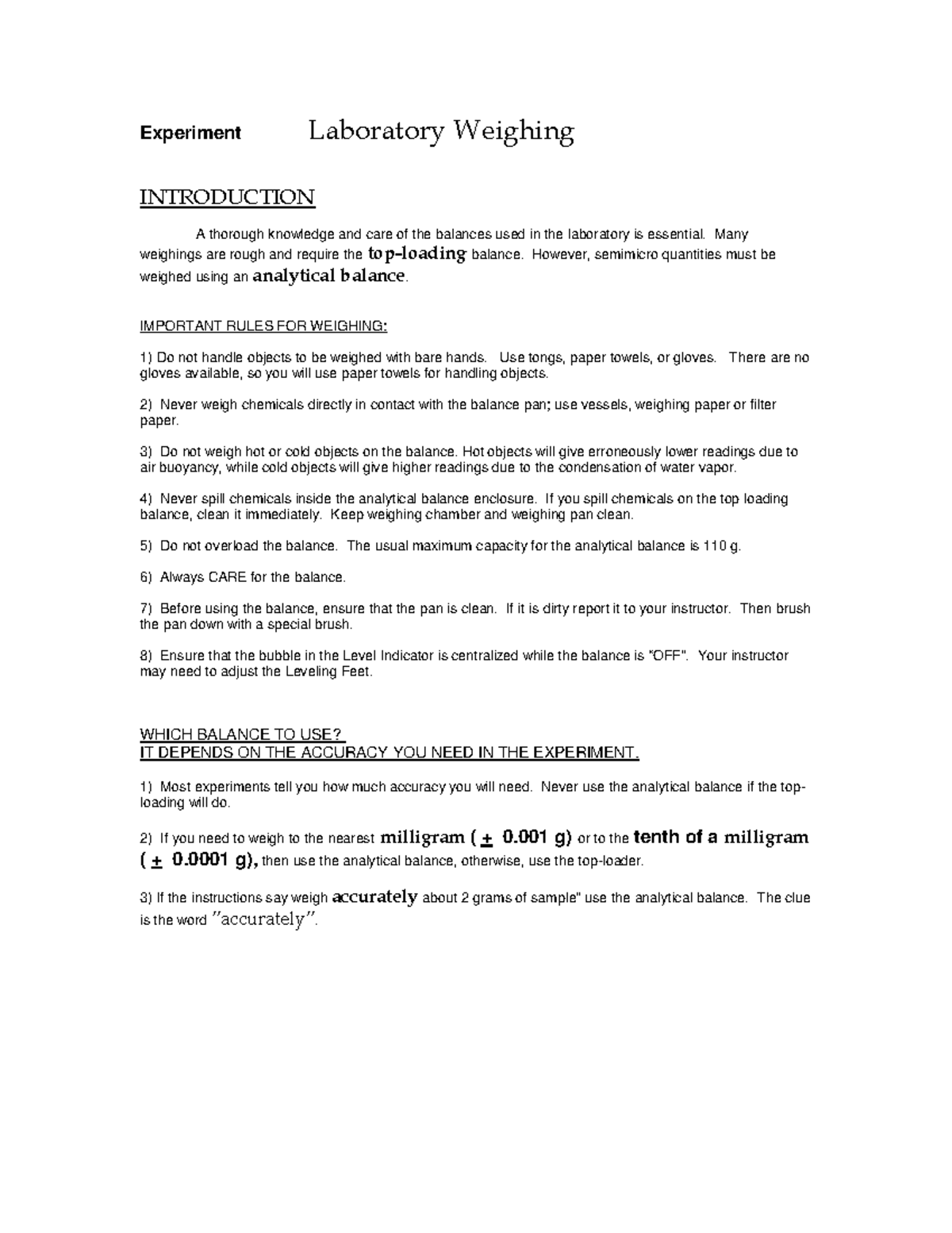 Exp 3 Laboratory Weighing Fall 08 - Experiment Laboratory Weighing ...