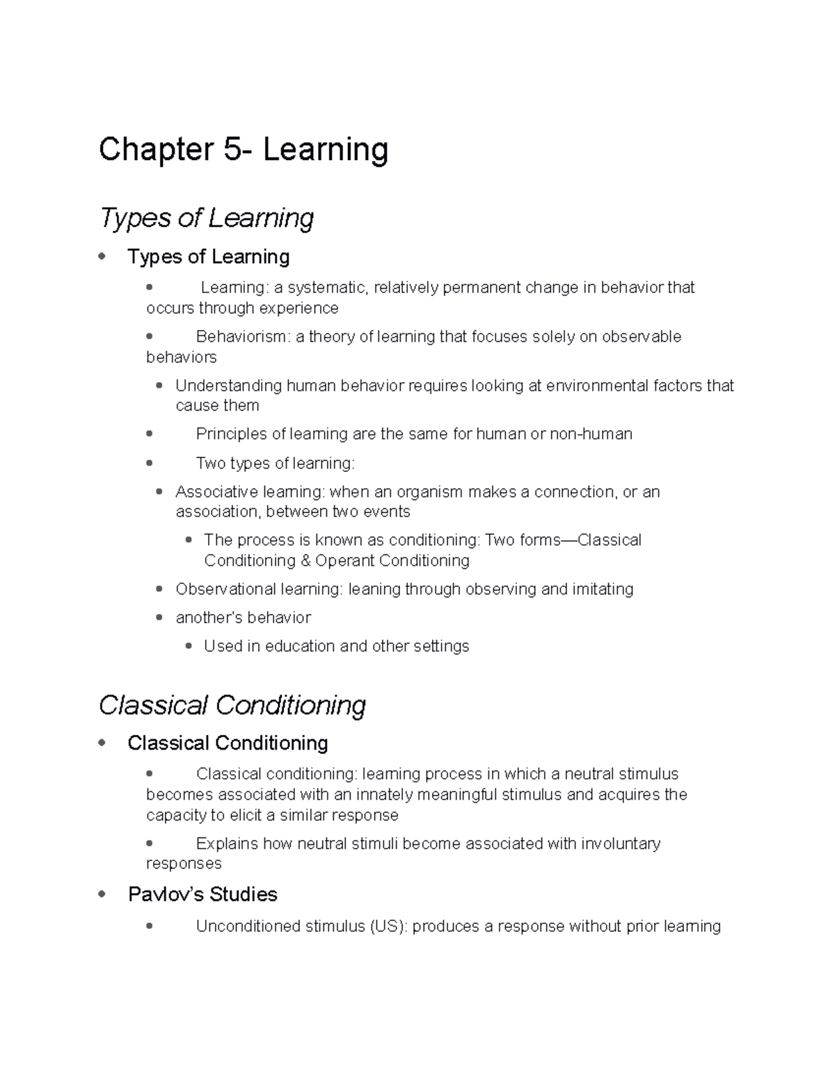 Chapter 5 Psych Notes Chapter 5 Learning Types Of Learning Types Of