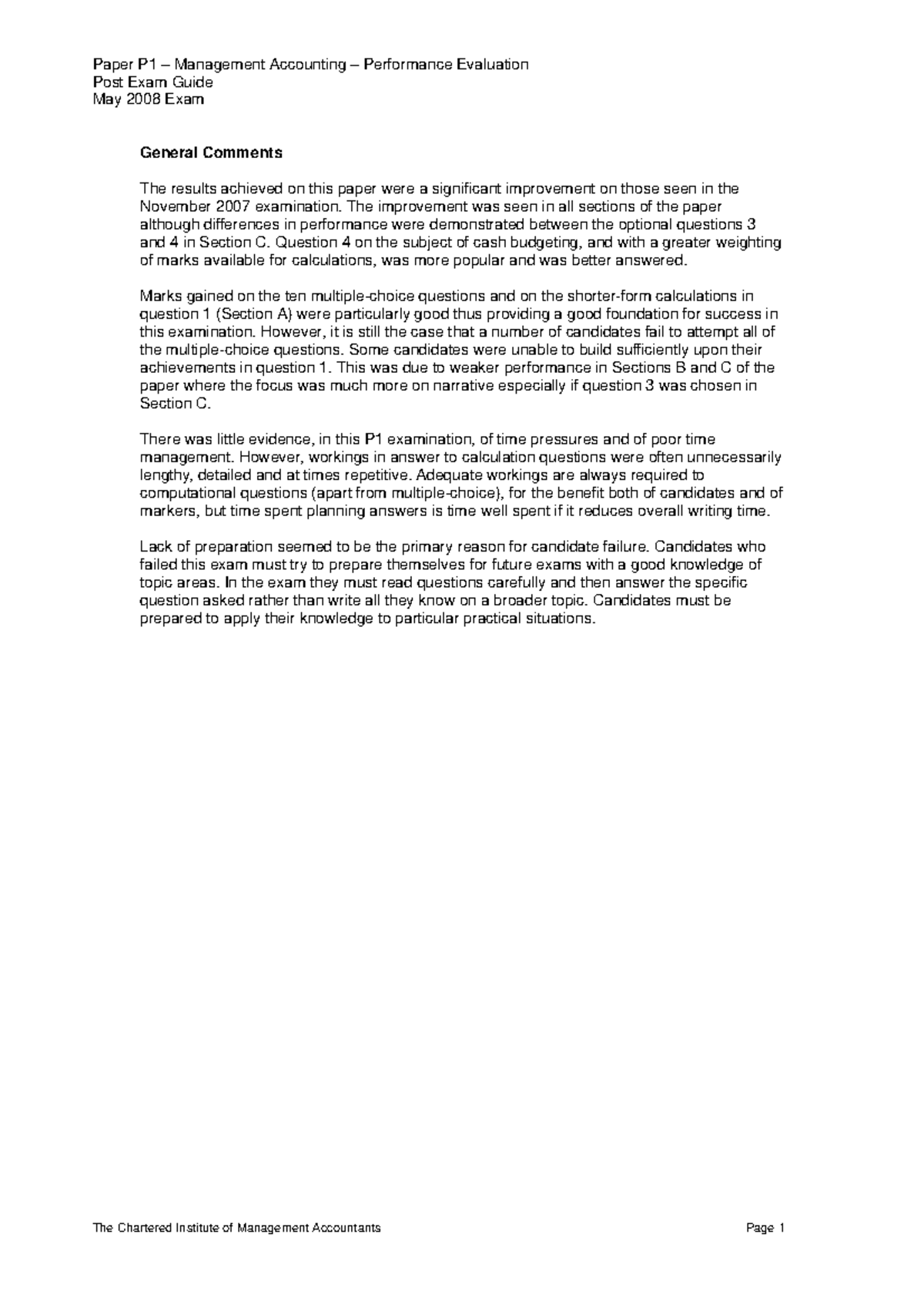 CIMA P1 ans M2008 final version - Post Exam Guide May 2008 Exam General ...
