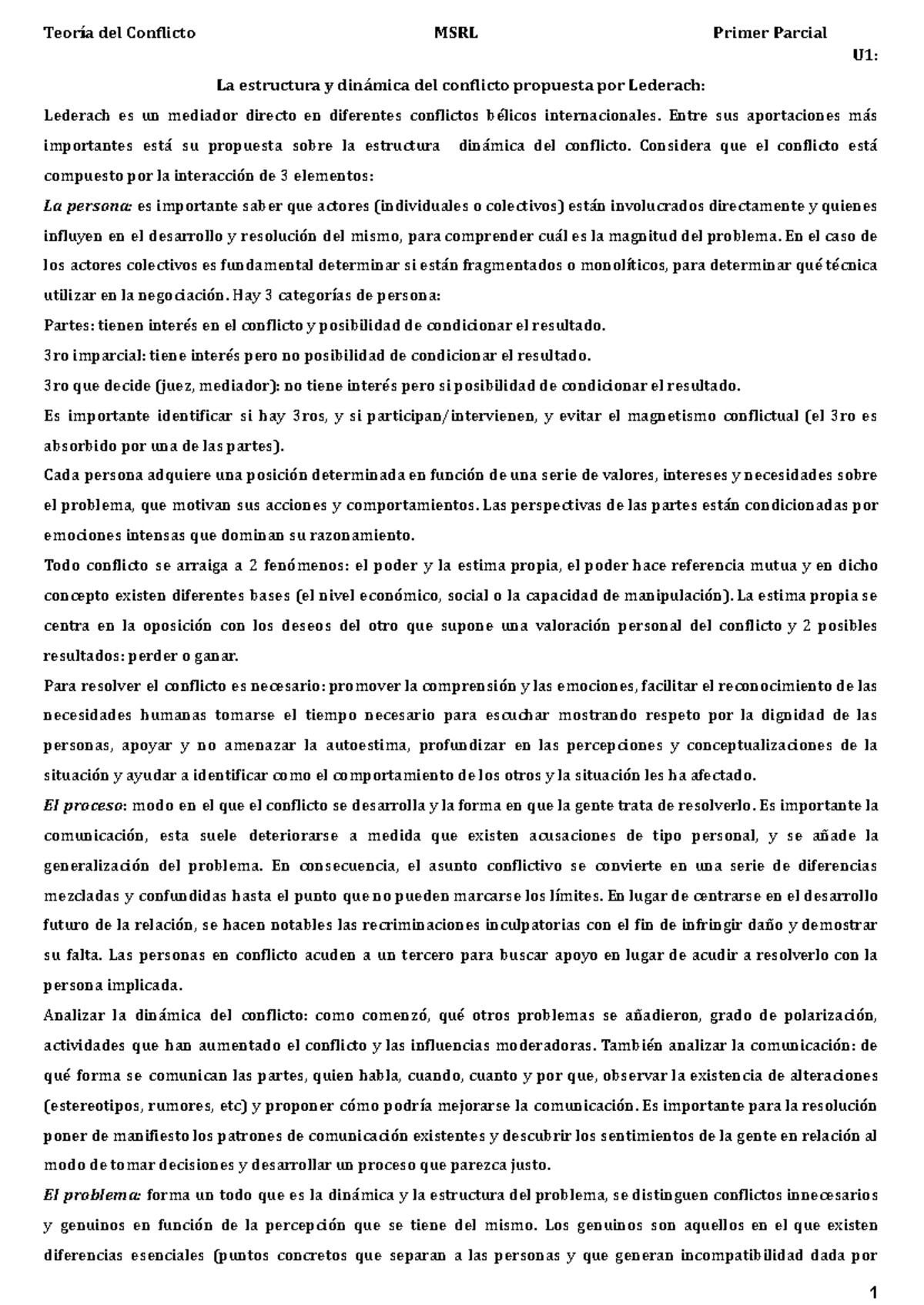 Teoria resumen 1er parcial - U1: La estructura y dinámica del conflicto ...