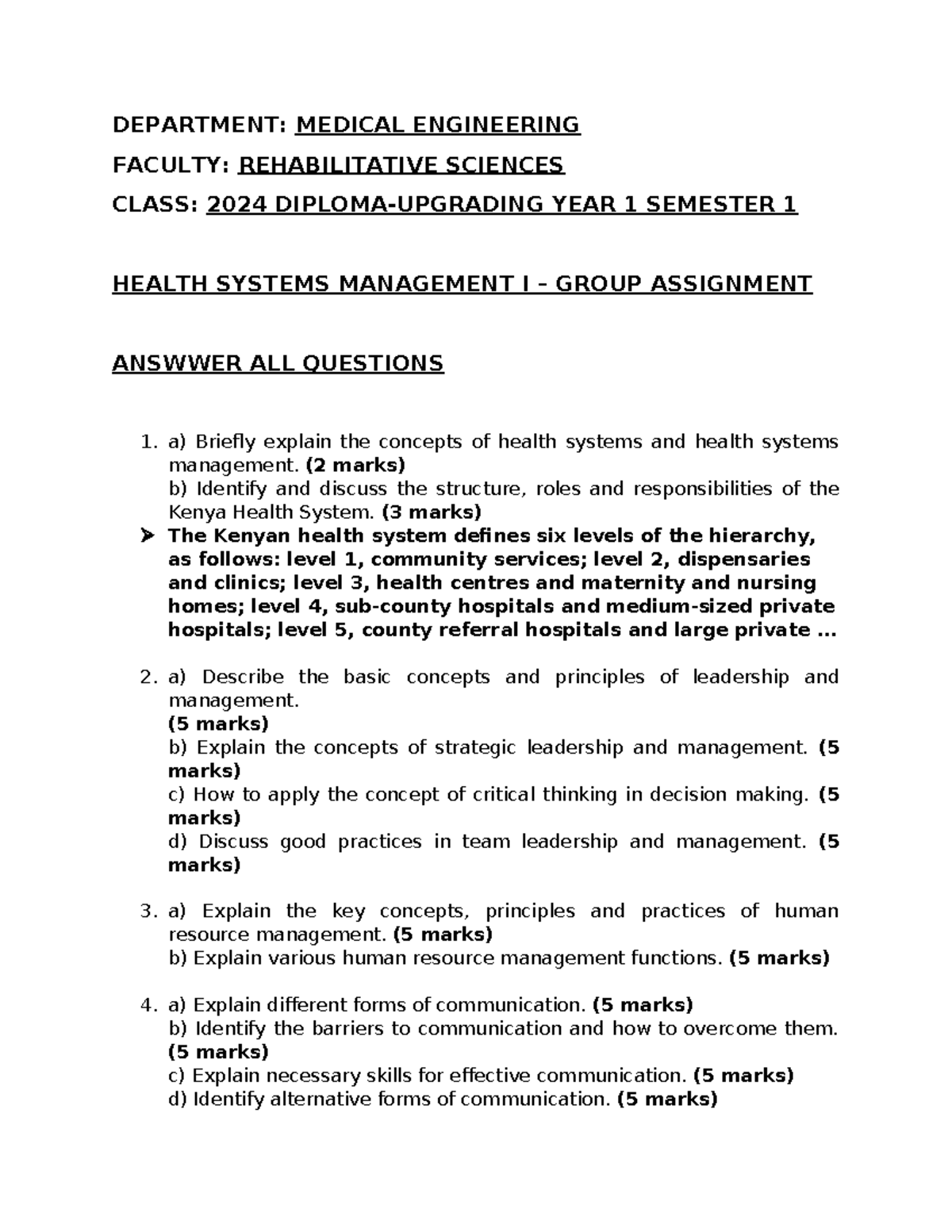 HSM Assignment - DEPARTMENT: MEDICAL ENGINEERING FACULTY ...