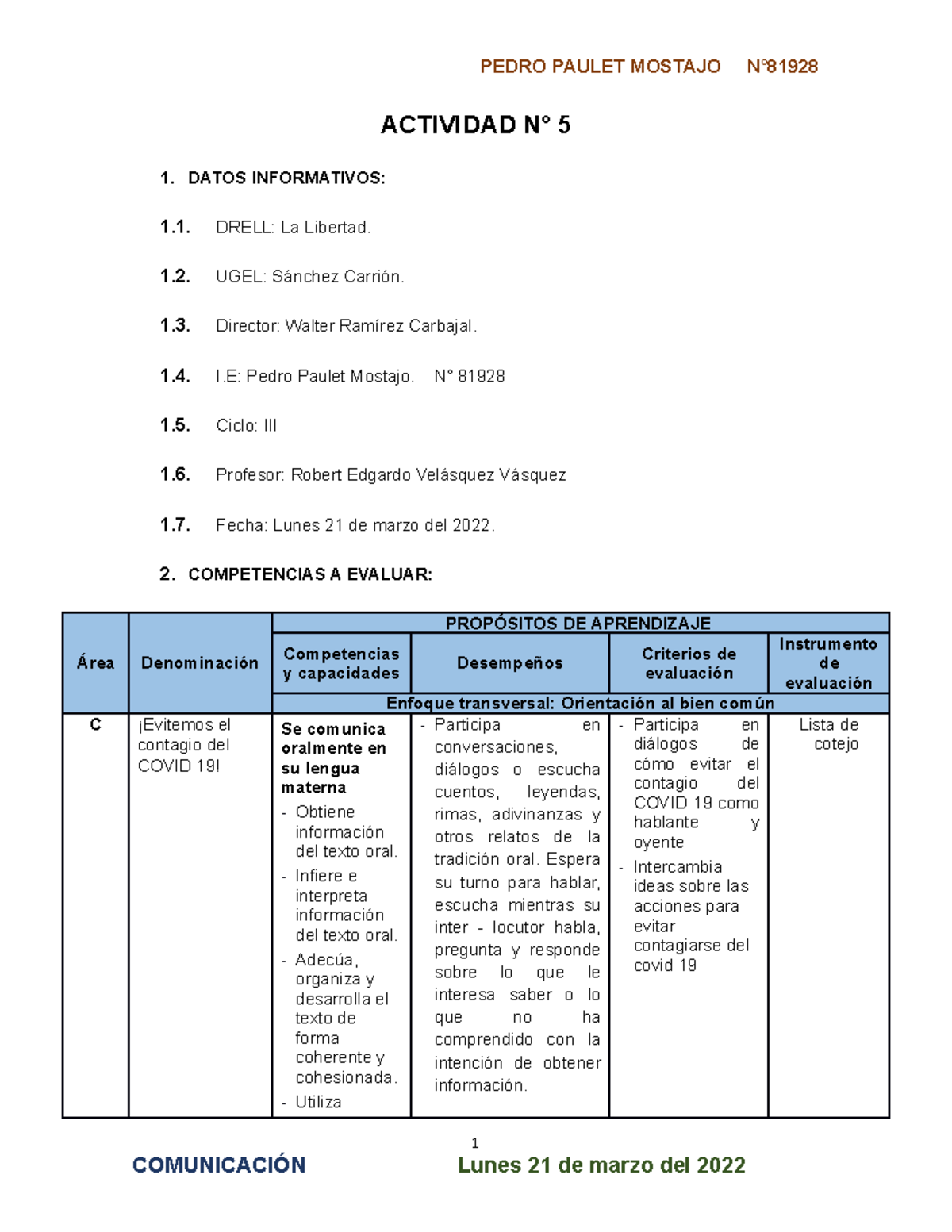 Actividad N°5 - I - ESPERO LES SIRVA. - ACTIVIDAD N° 5 1. DATOS INFORMATIVOS: 1. DRELL: La ...