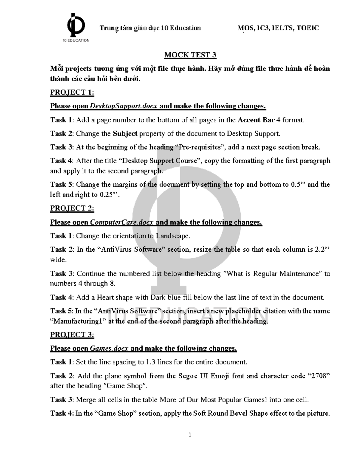 Mock Test 3 - 1 Trung tâm giáo dục 10 Education MOS, IC3, IELTS, TOEIC ...