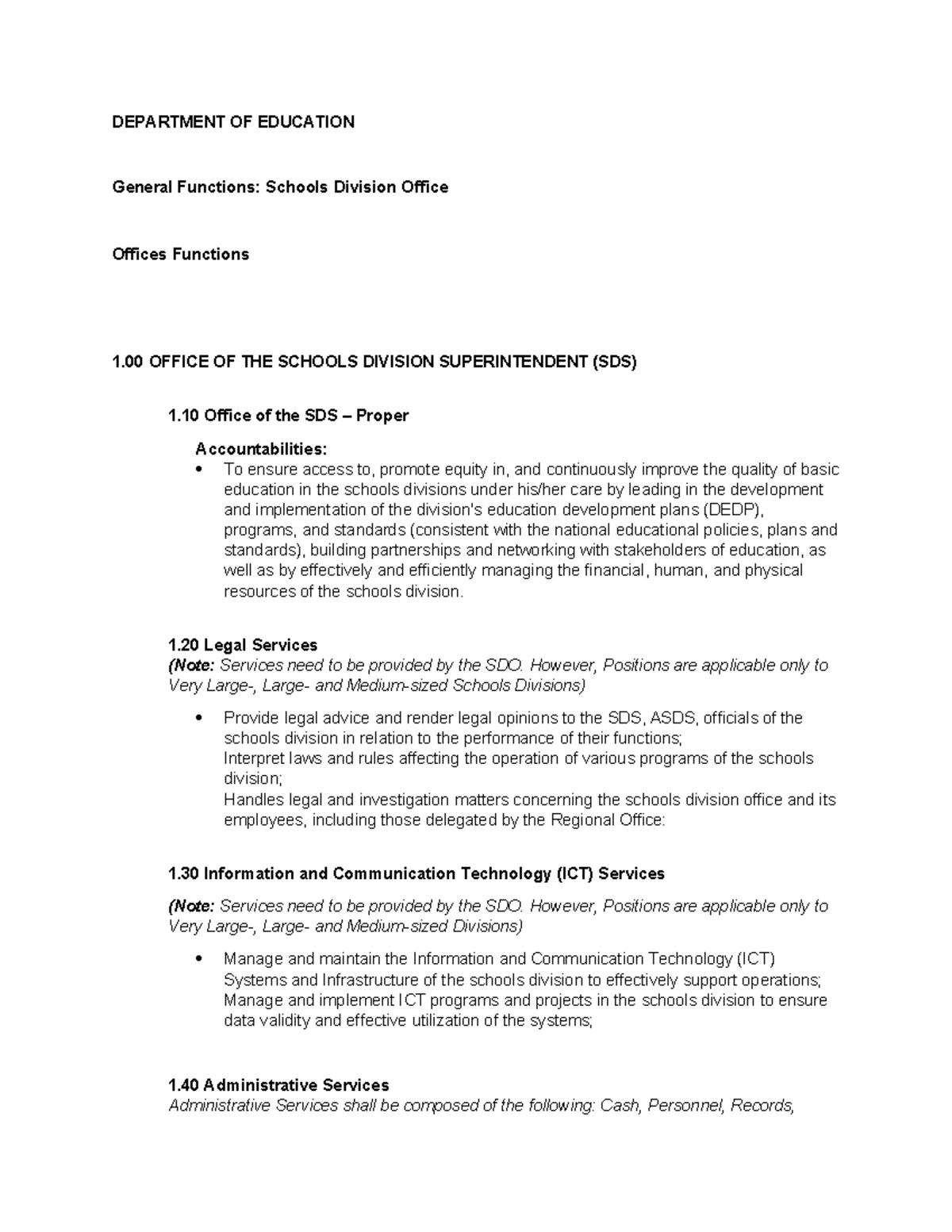 Department OF Education - DEPARTMENT OF EDUCATION General Functions ...