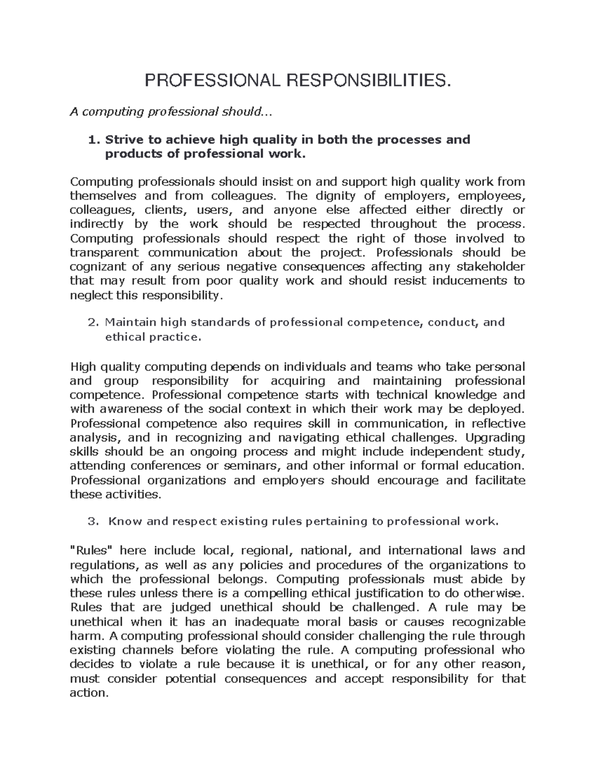 information systems - PROFESSIONAL RESPONSIBILITIES. A computing ...