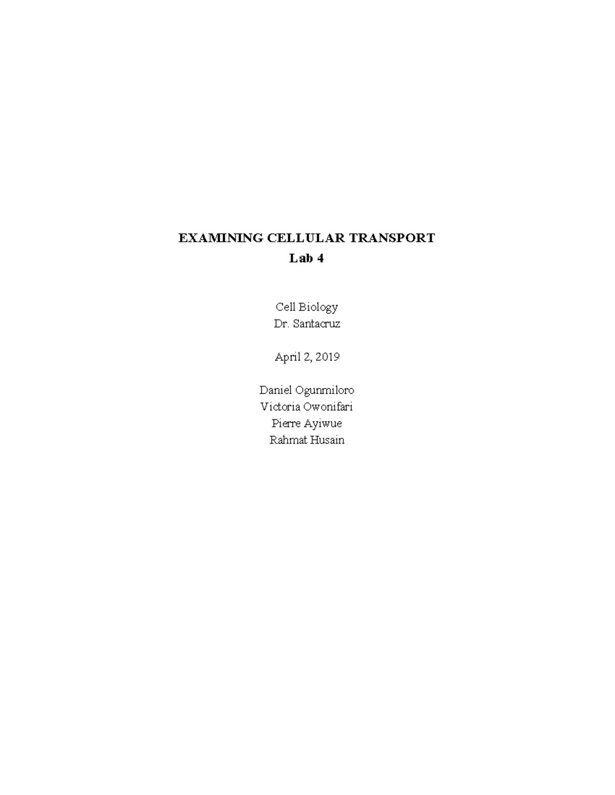 Lab 5 - CHEM 120 - EXAMINING CELLULAR TRANSPORT Lab 4 Cell Biology Dr ...