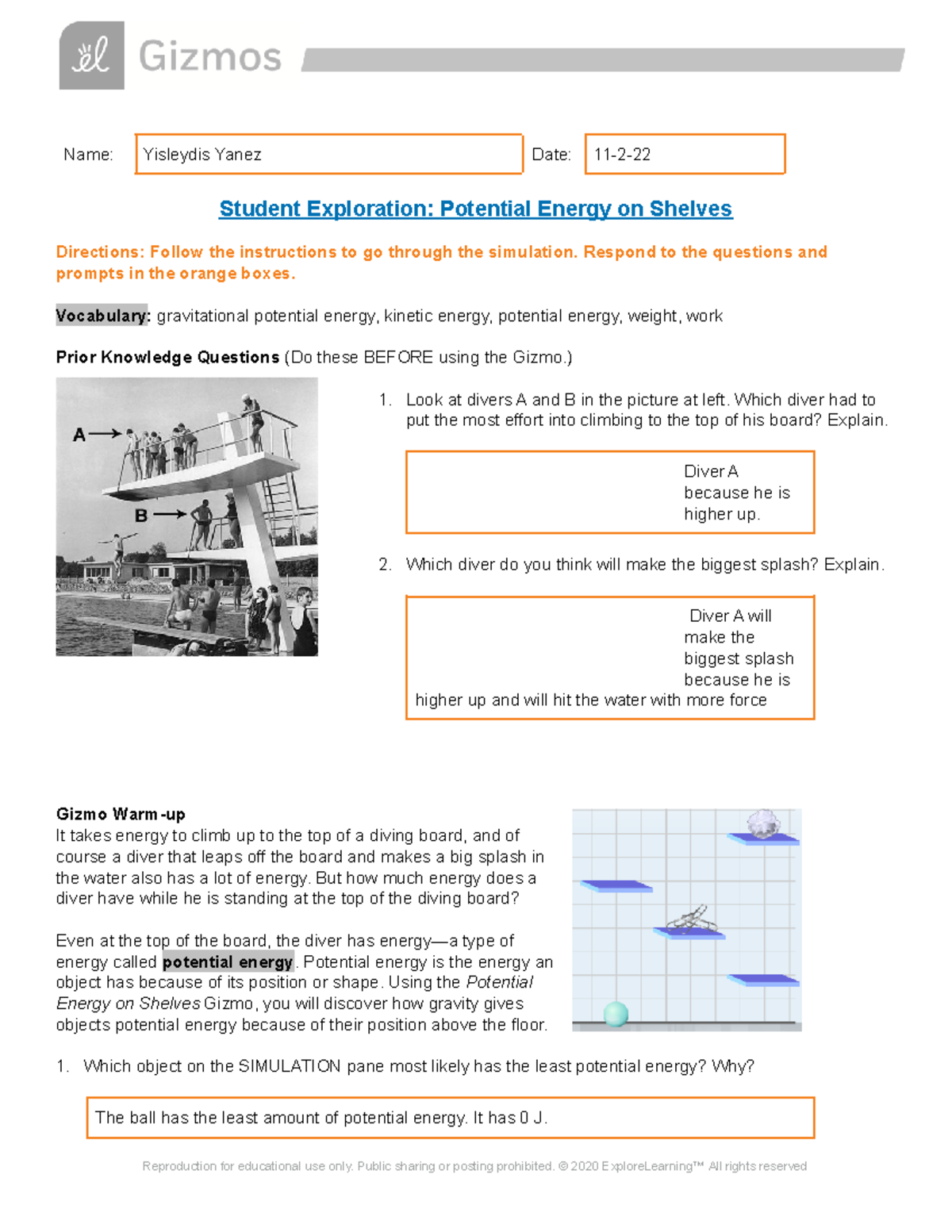 Gizmos - Potential Energy on Shelves - Yanez, Yisleydis - Name ...