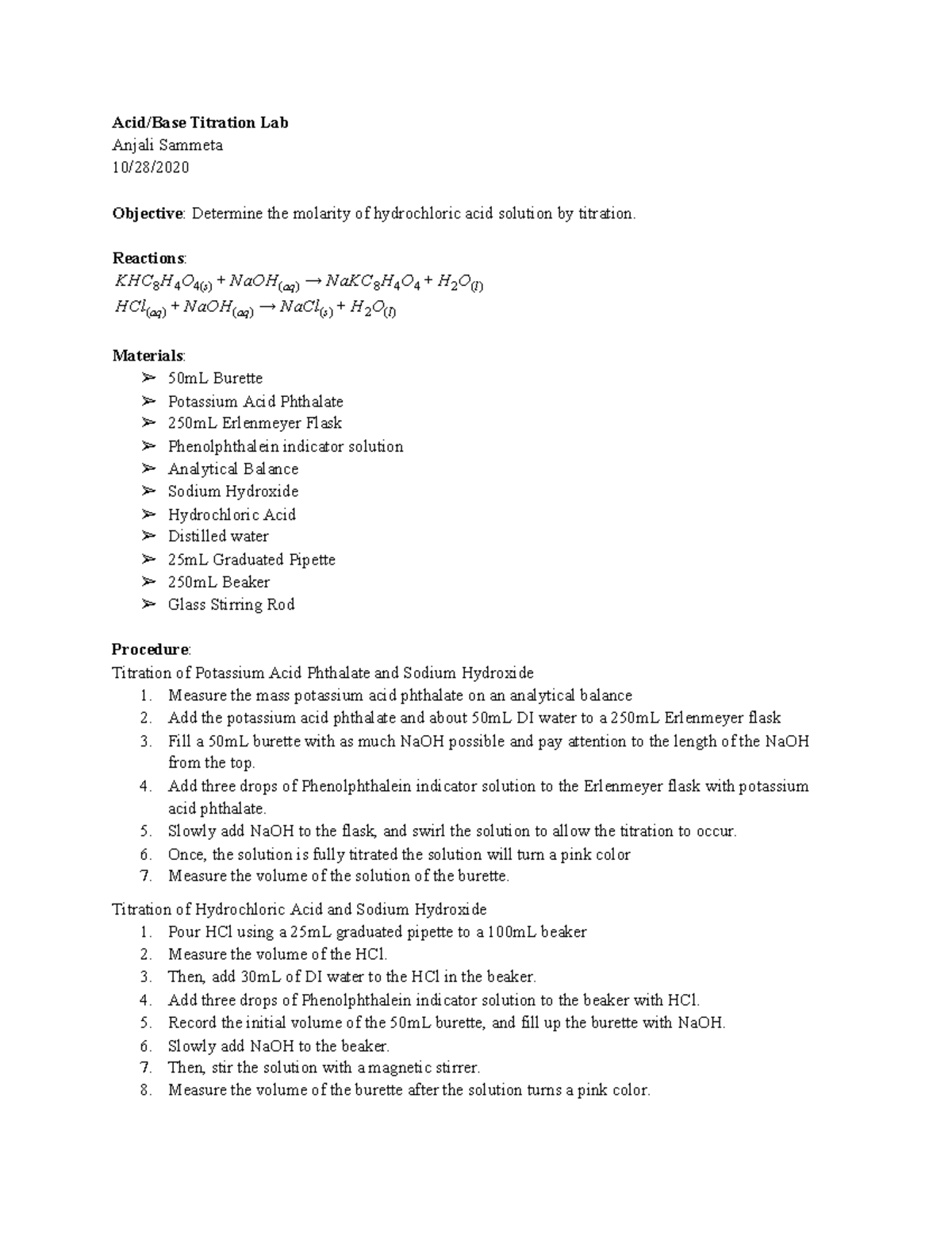 AP Acid Base Lab - Lab - Acid/Base Titration Lab Anjali Sammeta 10/28 ...