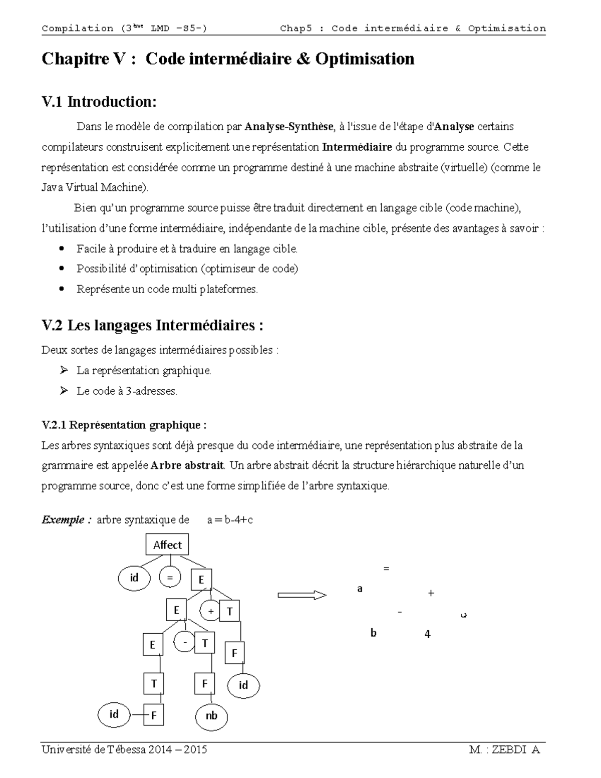 Chap V code intermédiaire - Affect id E E E + T = - T T F F F nb id id ...