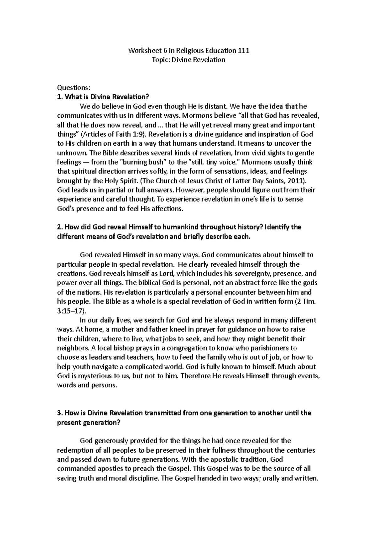 Worksheet 6 - sample essays - Worksheet 6 in Religious Education 111 ...