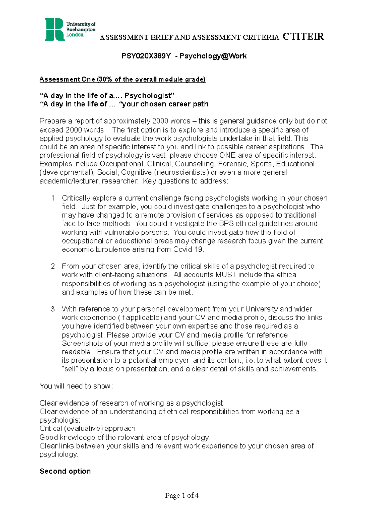 Assessment one - instructions - sept 2020 - ASSESSMENT BRIEF AND ...