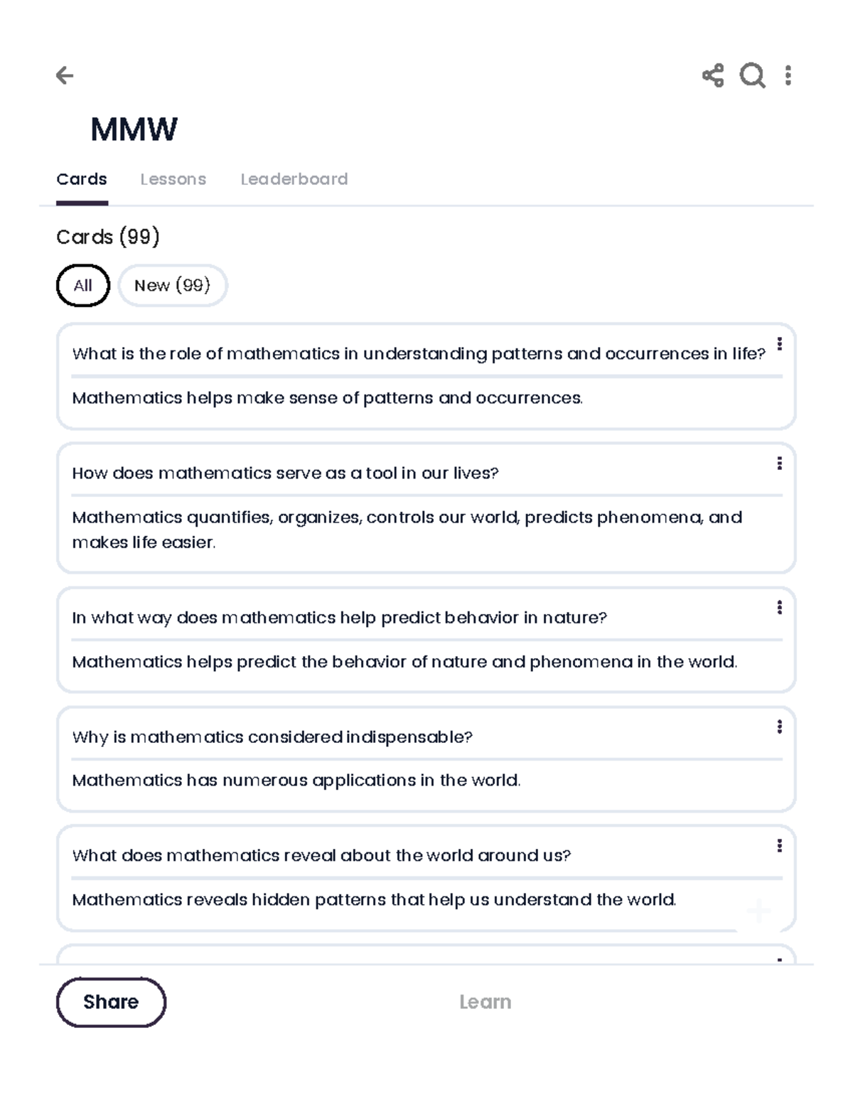MMW - prelim - Cards ( 99 ) All New (99) What is the role of mathematics in understanding ...