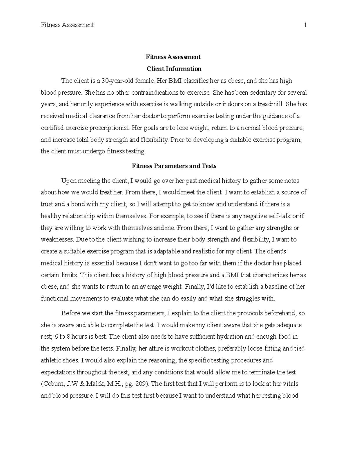 EXS-250 Fitness Assessment - Fitness Assessment 1 Fitness Assessment ...