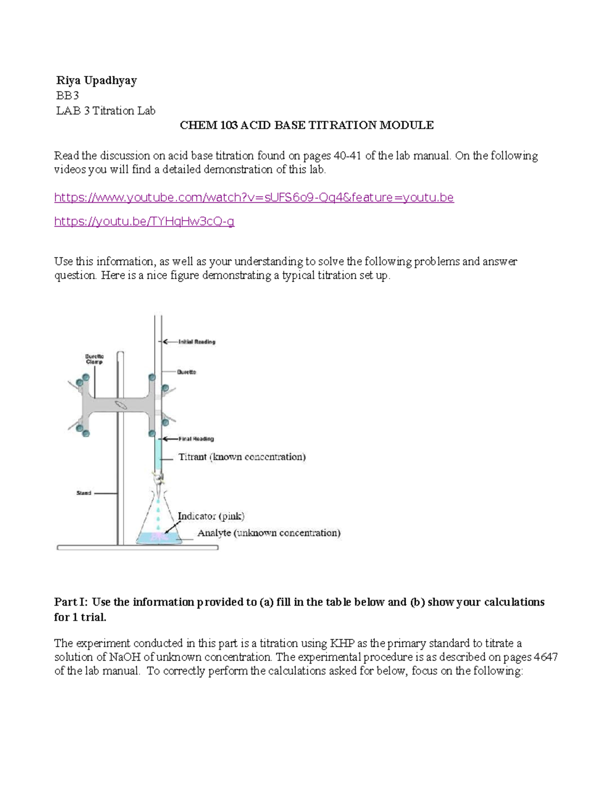 Lab 3 Titiration Lab - Riya Upadhyay - Riya Upadhyay BB LAB 3 Titration ...