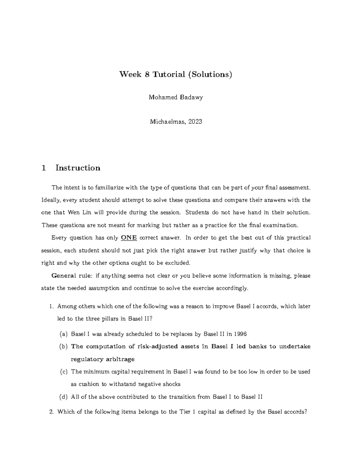 Ac F380 tutorial(Solution) w8 - Week 8 Tutorial (Solutions) Mohamed Badawy Michaelmas, 2023 1 ...