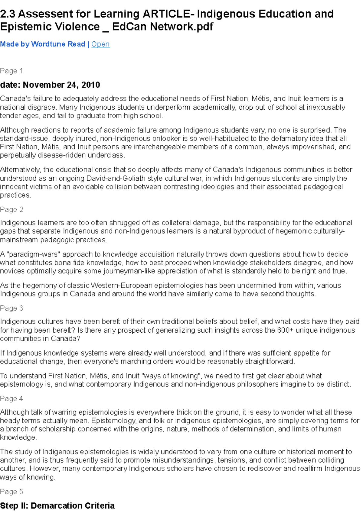 2.3 Assessent for Learning Article- Indigenous Edu-WT Summaries - 2 ...