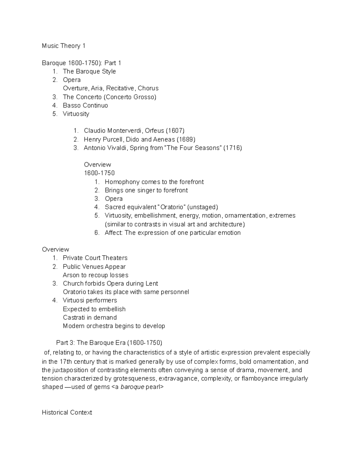 Music Theory 1 - The Baroque Style 2. Opera Overture, Aria, Recitative ...