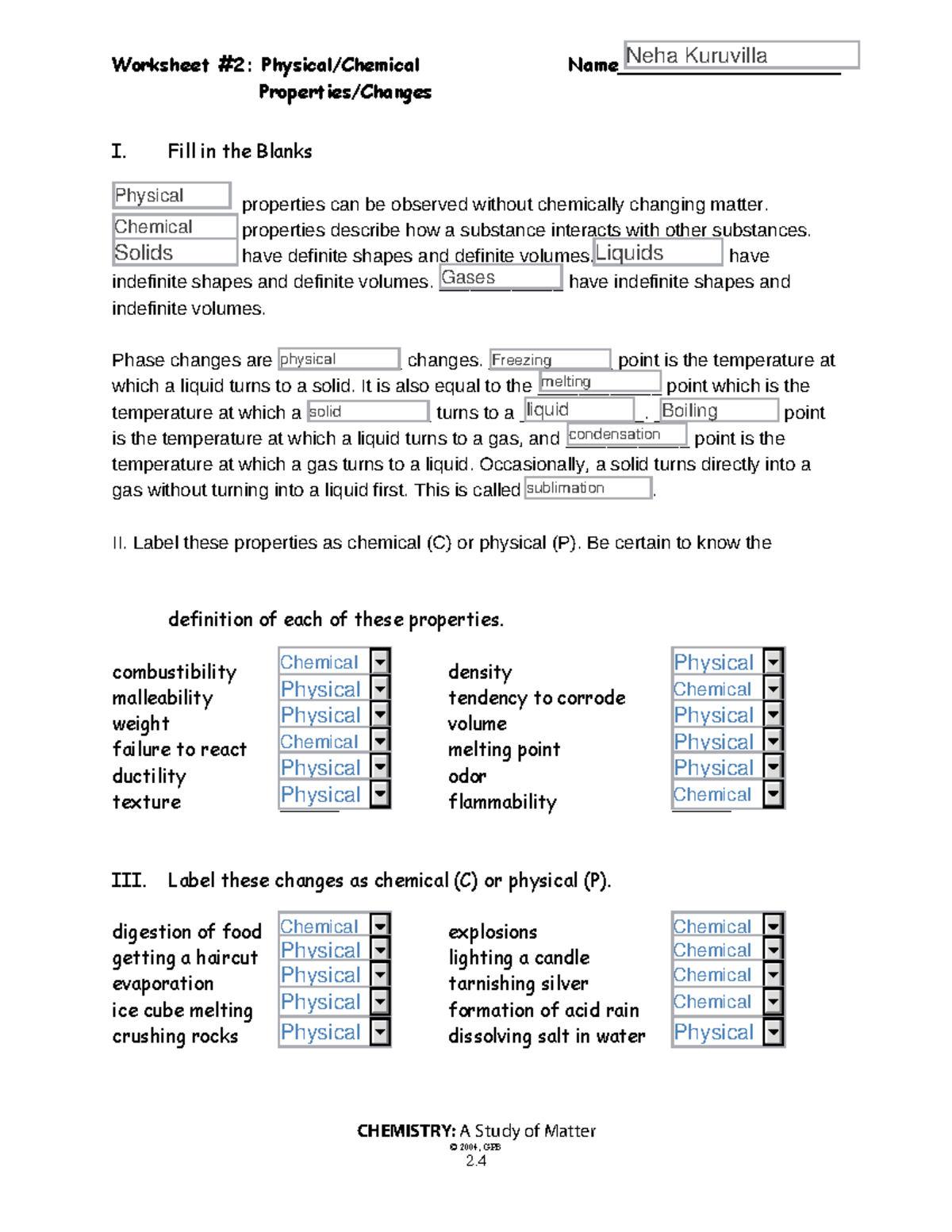 Physical Chemical Worksheet 2 - Worksheet #2: Physical/Chemical Name