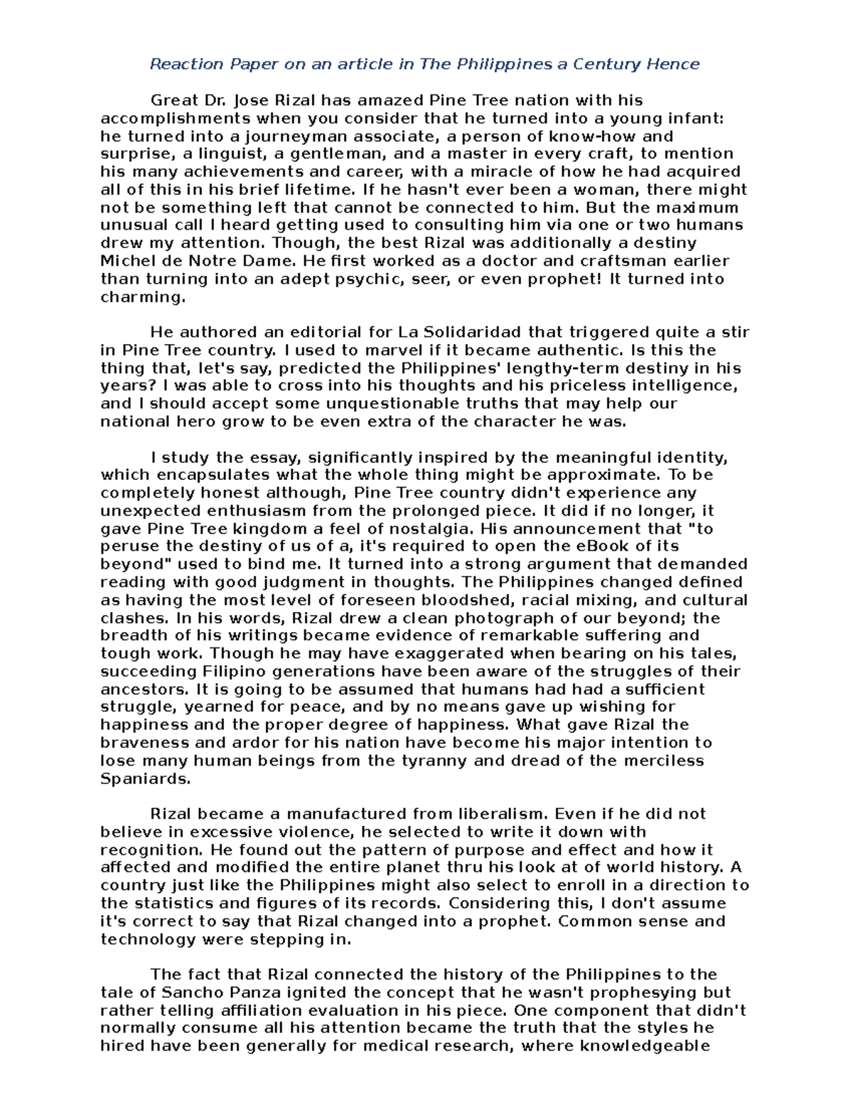 Century hence - Reaction Paper on an article in The Philippines a Century Hence Great Dr. Jose ...