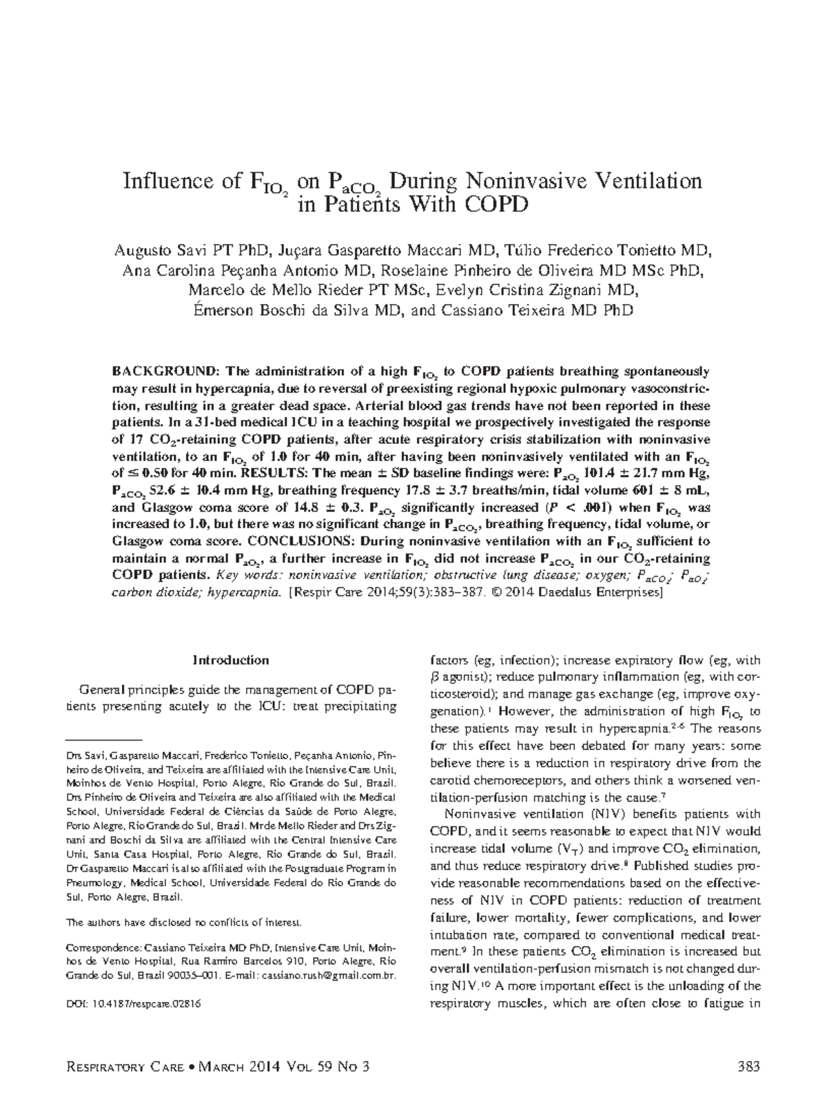 Influence of FIO2 on Pa CO2 During Noninvasive Ventilation in Patients ...