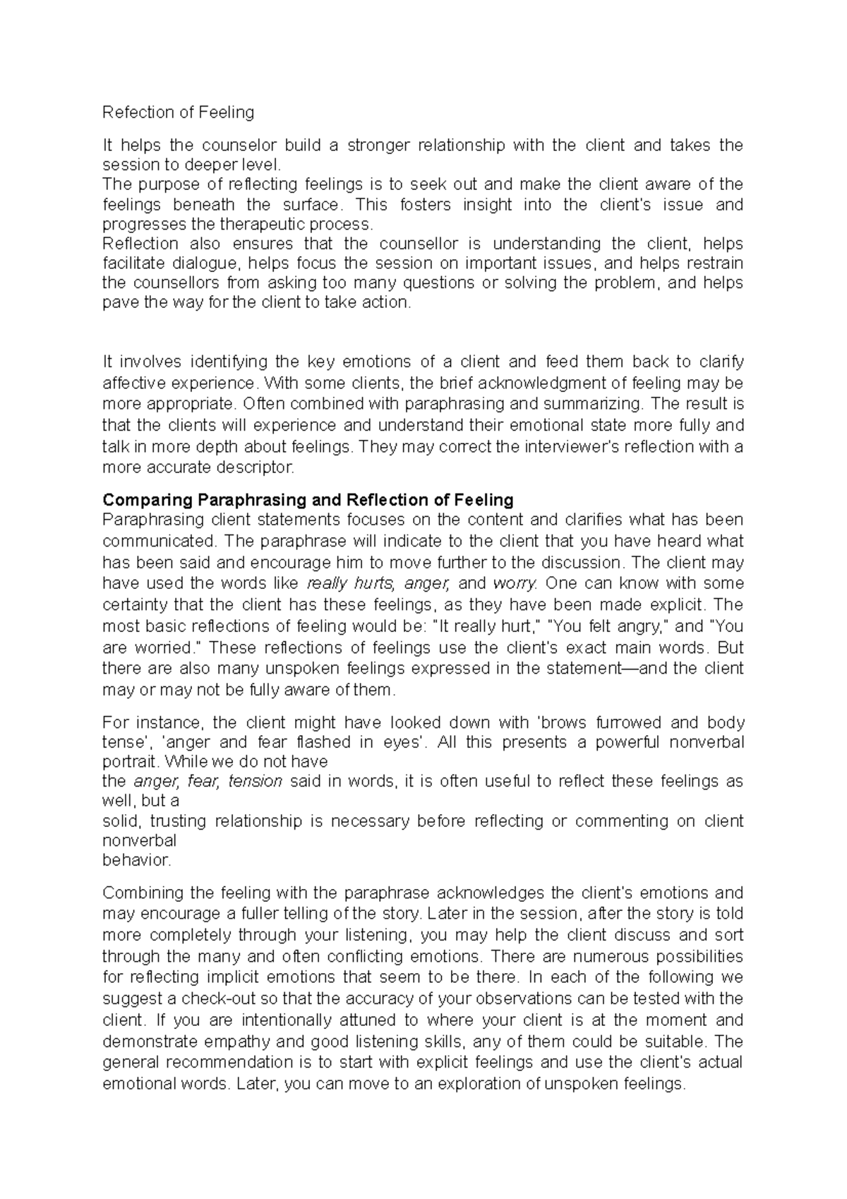 6-Reflection of Feeling content - Refection of Feeling It helps the ...