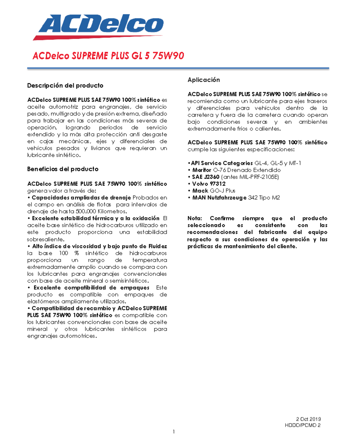 PDS Acdelco Supreme PLUS SAE 75W90 API GL-5 - 2 Oct 2019 HDDO/PCMO 2 1 ...