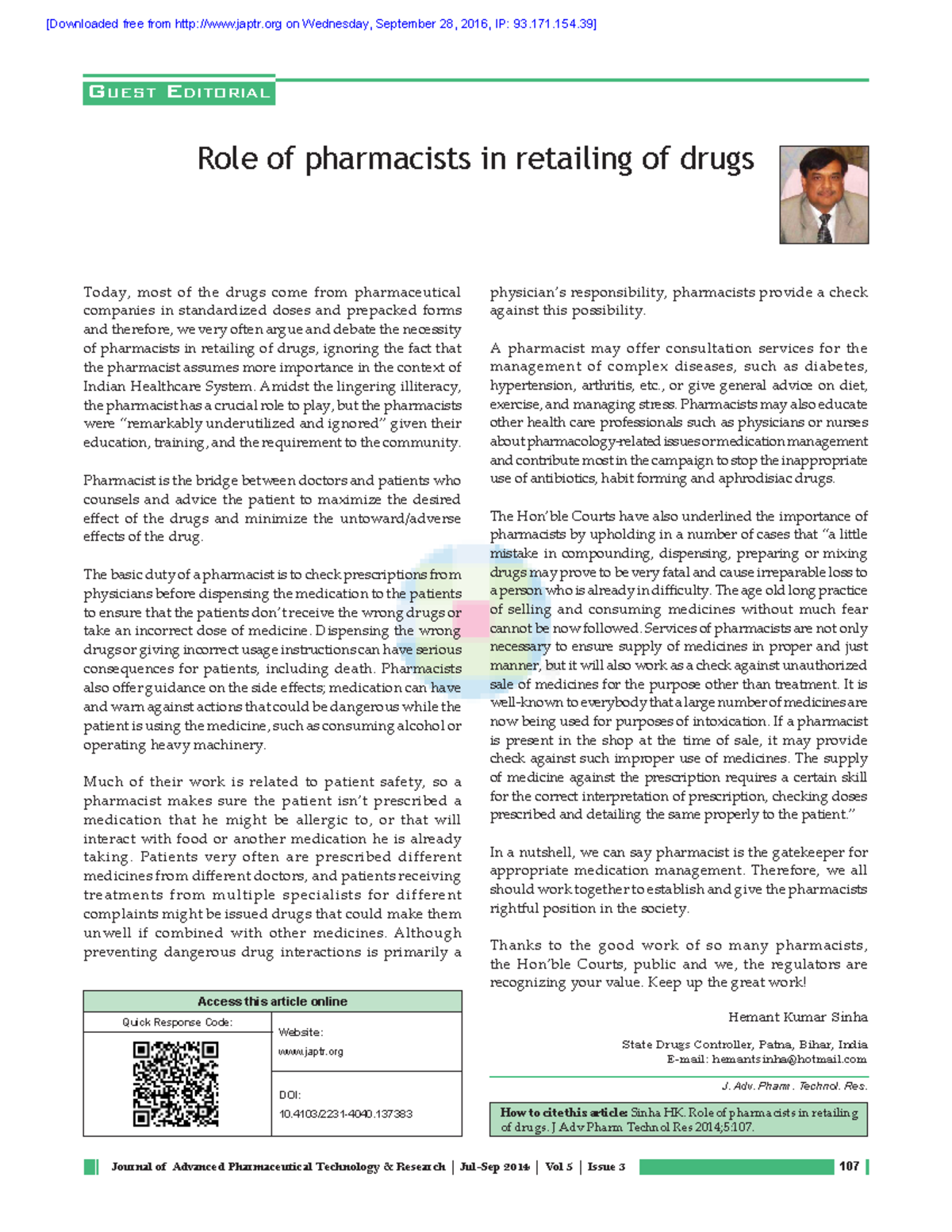 Role of pharmacists in retailing of drugs - Journal of Advanced Pharmaceutical Technology ...