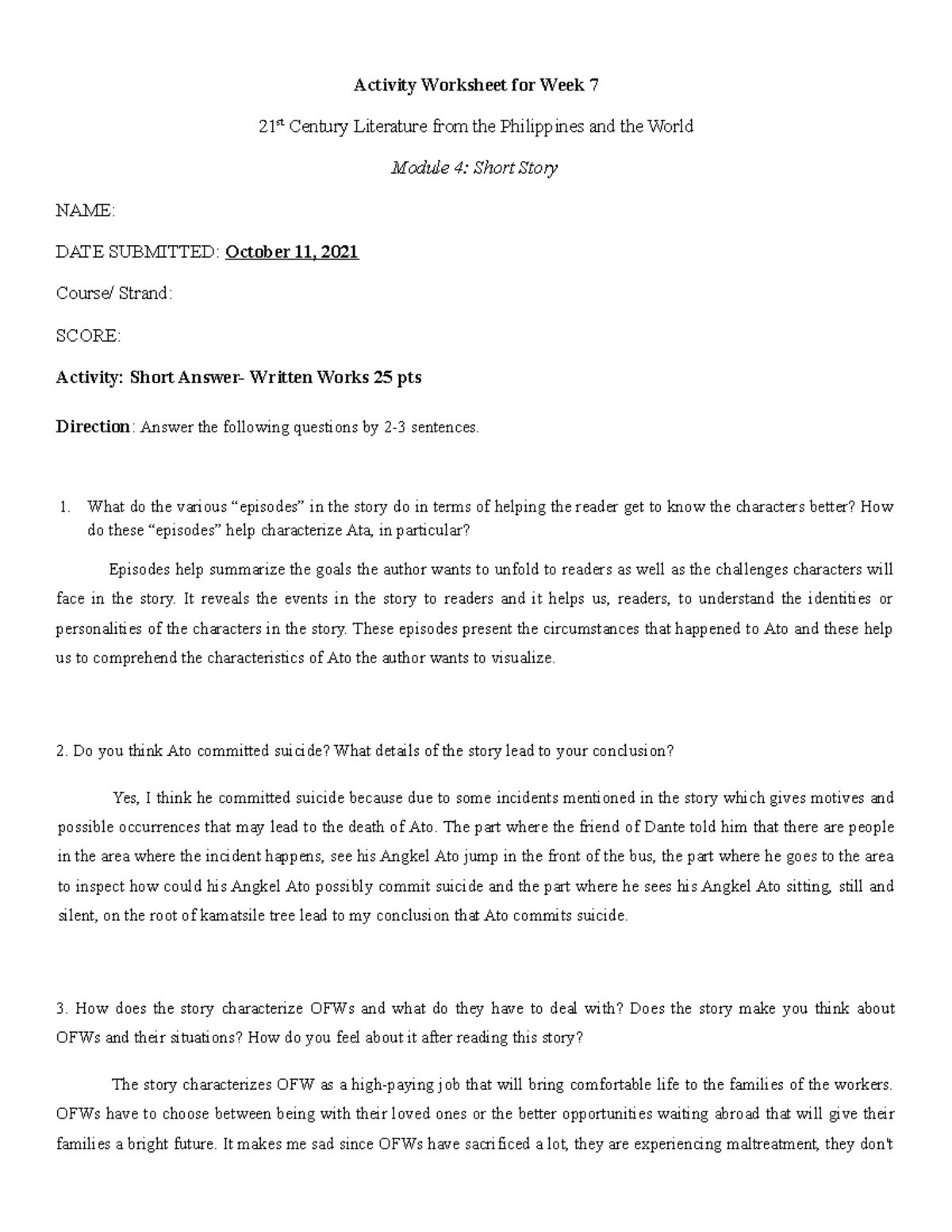 21st Literature Activity Worksheet for Week 7 - Bachelor of Secondary ...