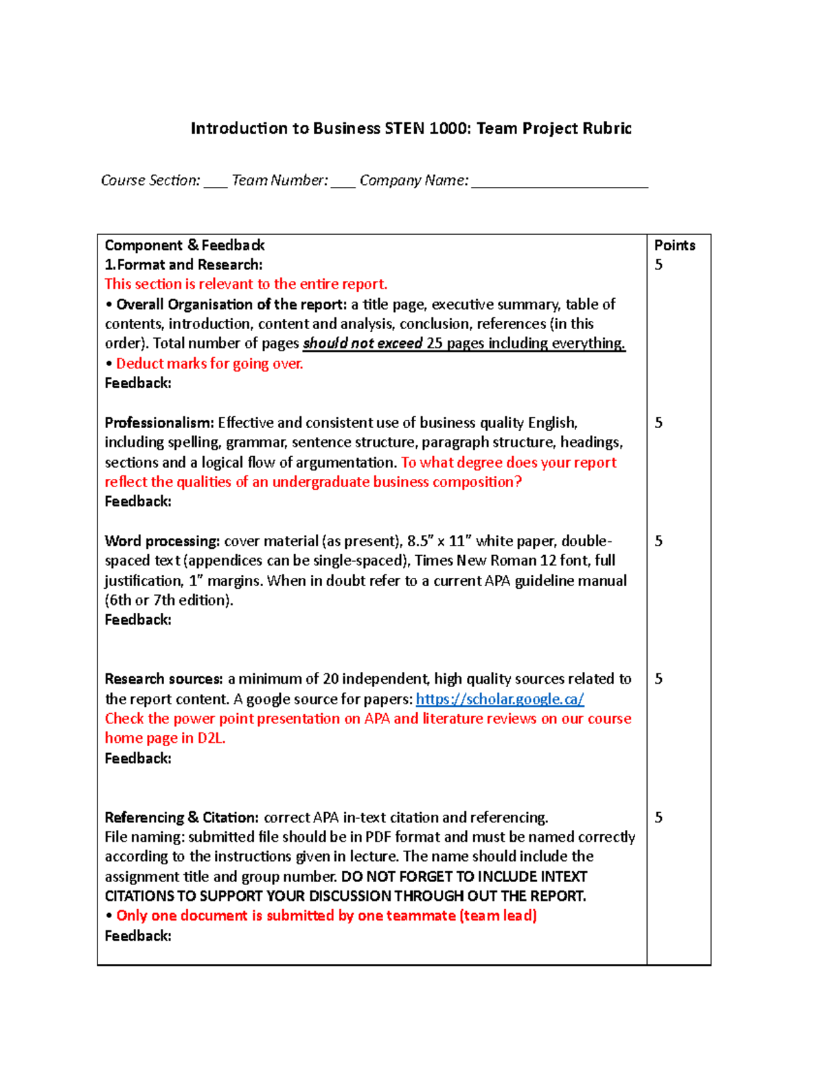 STEN 1000 Team Project Rubric - Introduction to Business STEN 1000 ...