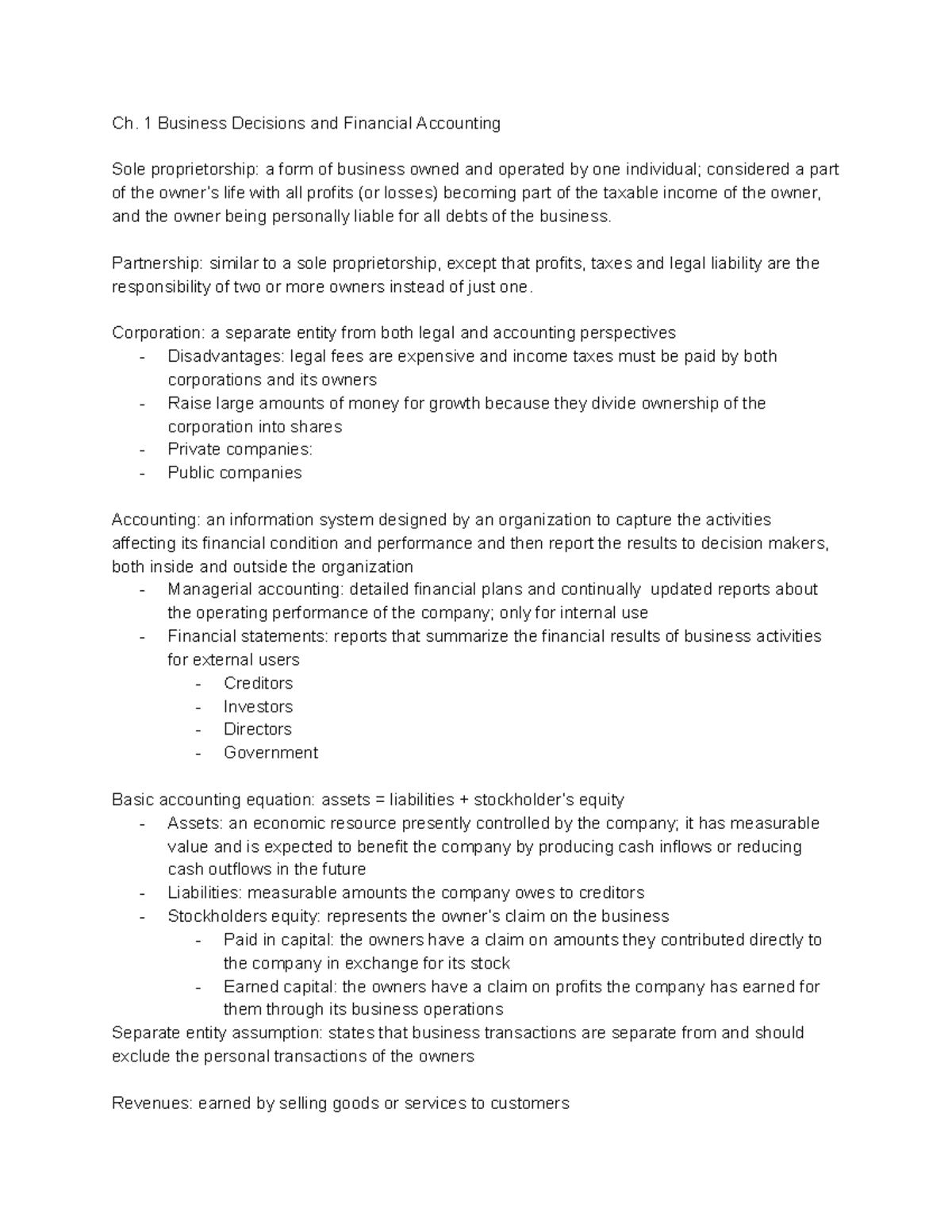 Acct ch. 1 notes - ACCT2010 - Clemson - Studocu