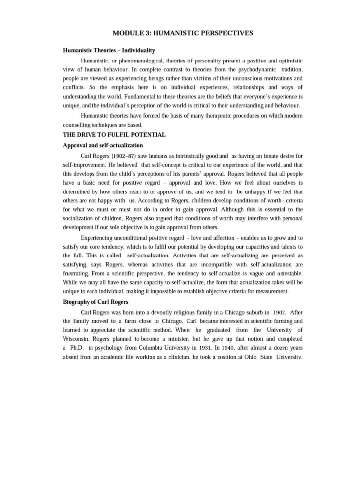 Psychology - Humanistic Perspectives - Introduction to psychology - Studocu