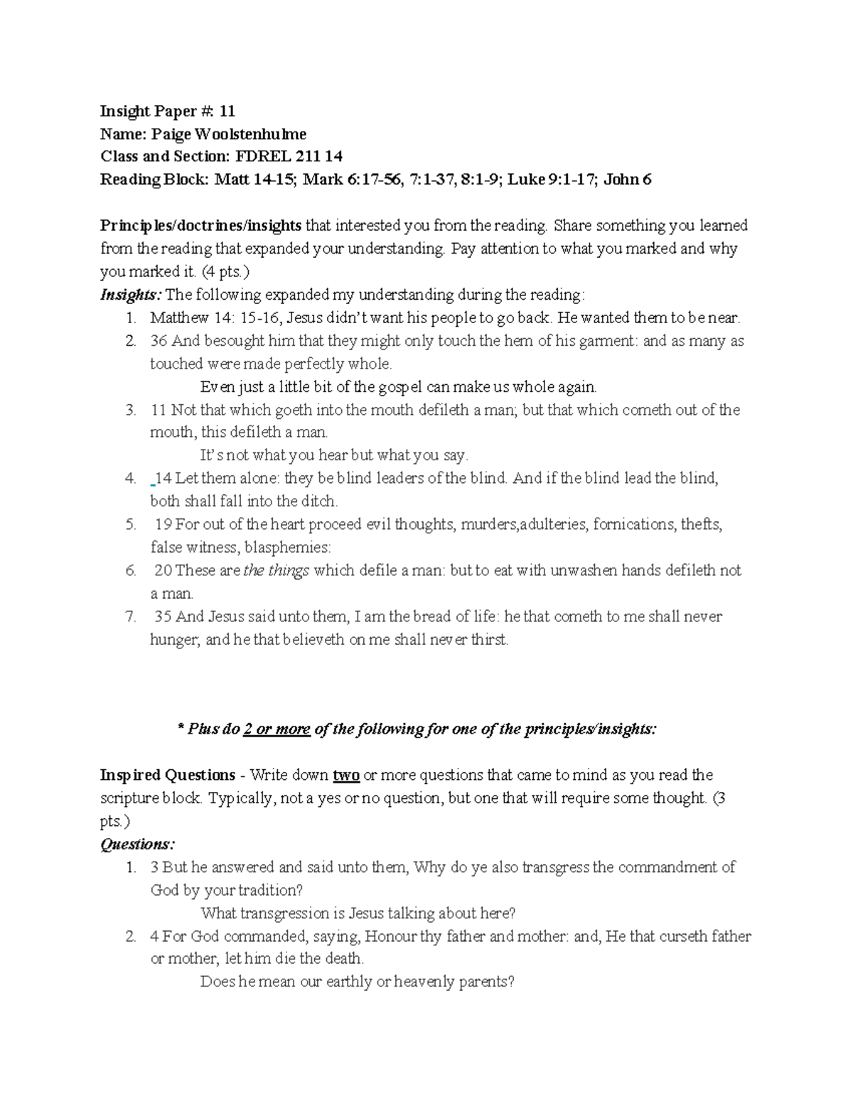 11 Insight Paper - For the class of Brother Parker. - Insight Paper 11 ...