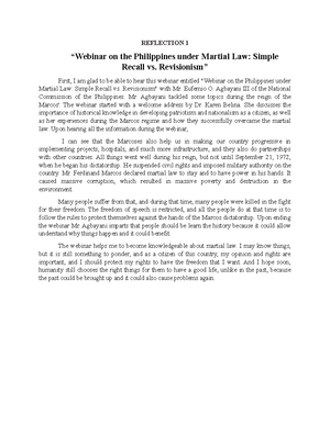 Reflection 1 Philippine under Martial Law - REFLECTION 1 “Philippine ...