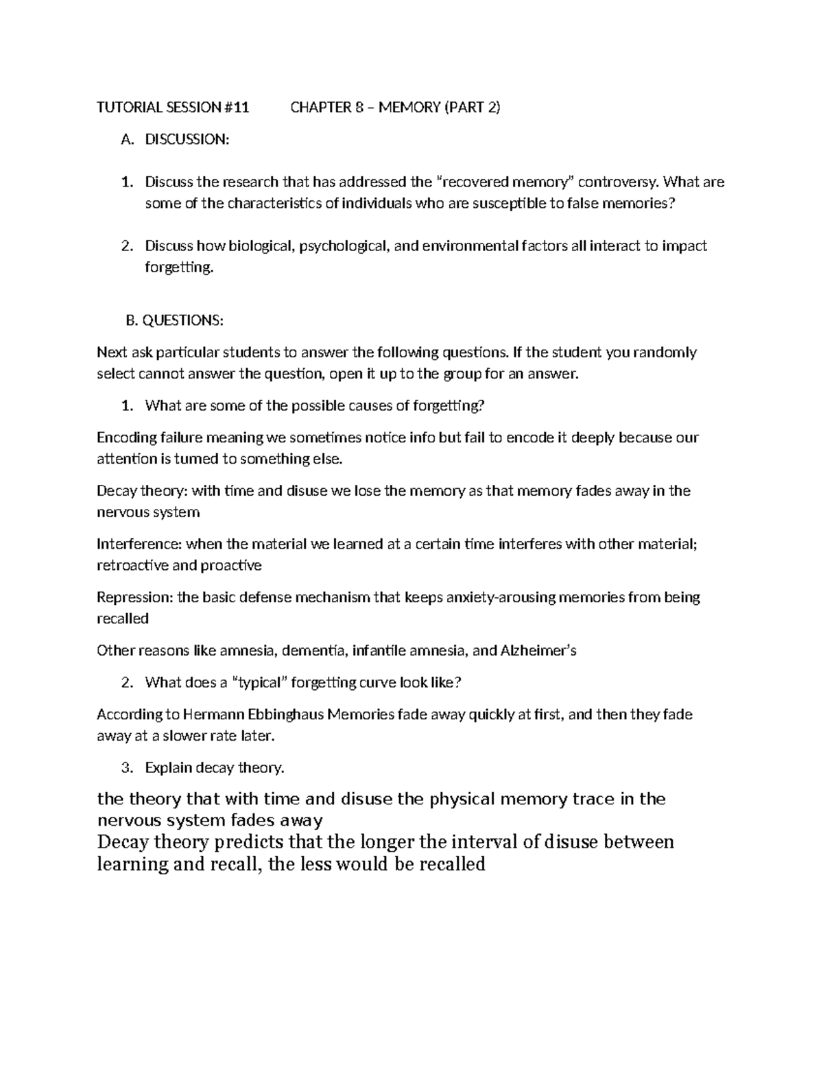 Tutorial questions 11 - TUTORIAL SESSION #11 CHAPTER 8 – MEMORY (PART 2) A. DISCUSSION: 1 ...